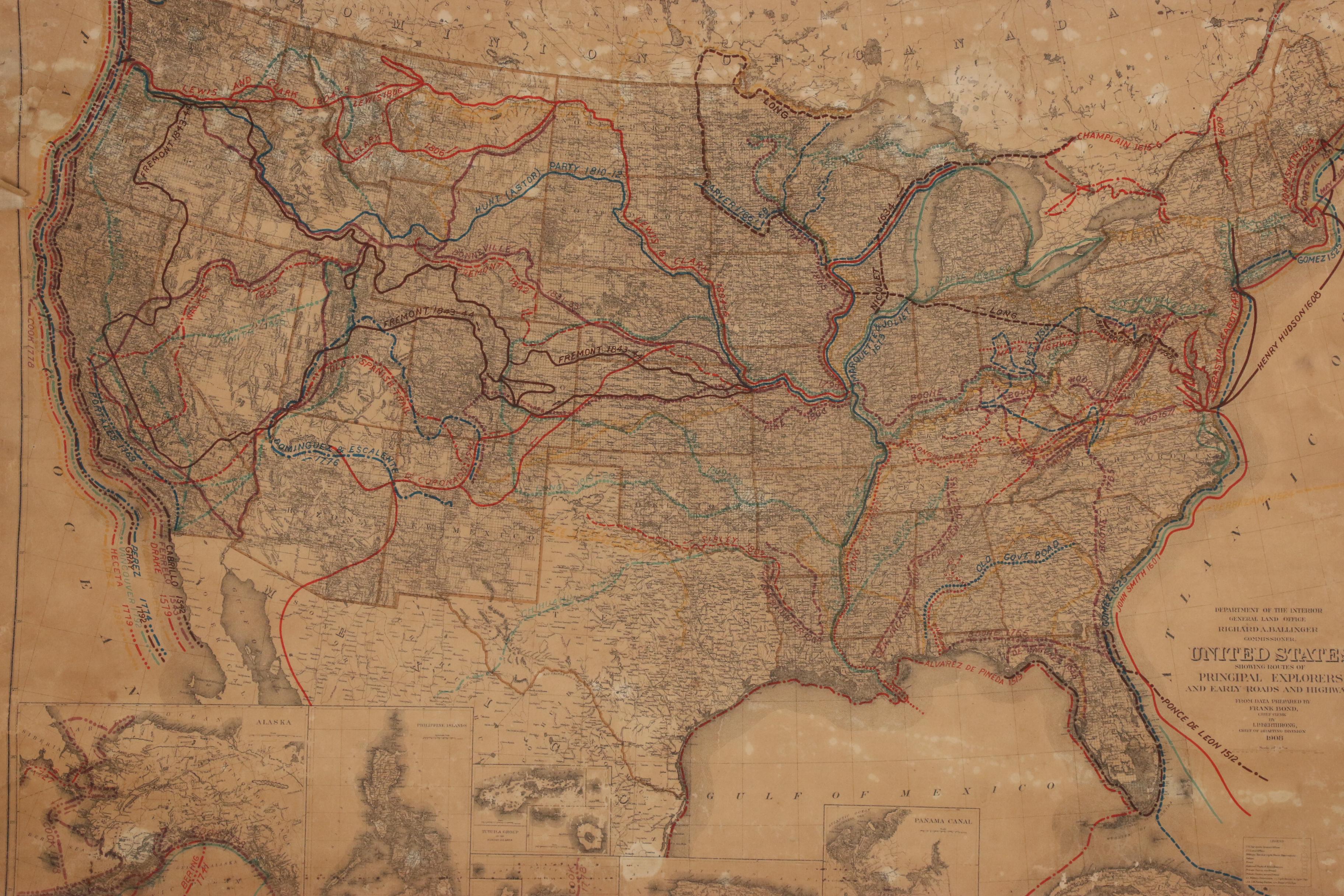 1908 Map of North American Explorers, Roads and Highways | EBTH