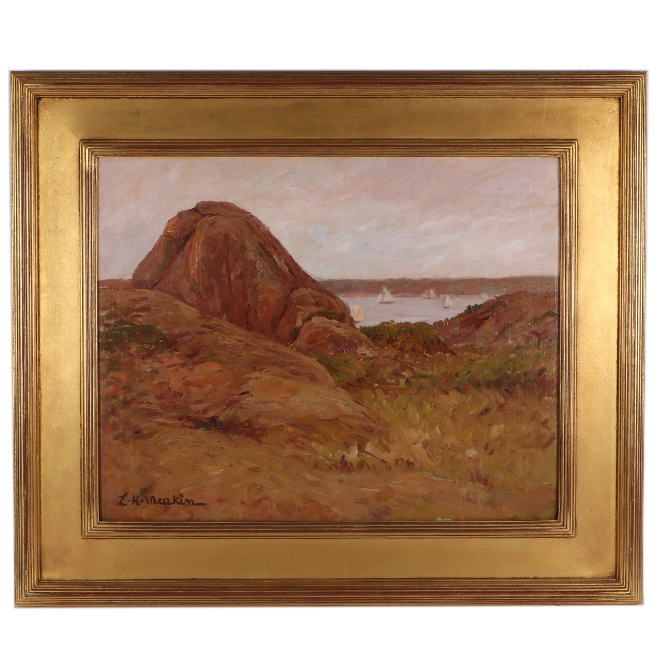 Lewis Henry Meakin Landscape Oil Painting "View of Sailboats and Coast ...