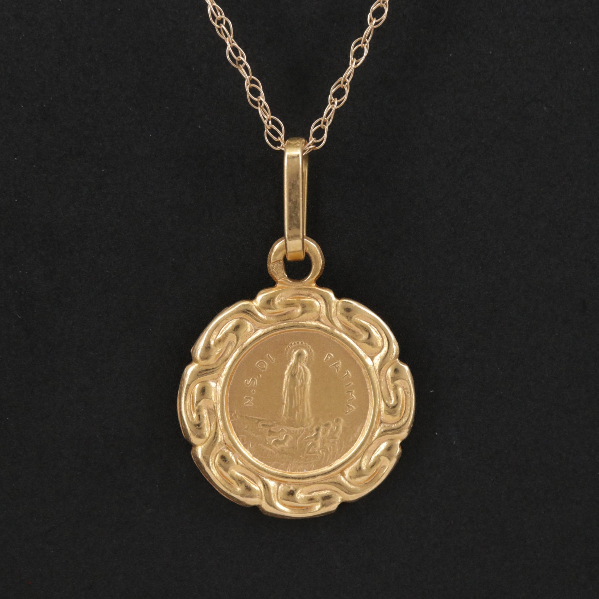 19K Yellow Gold Our Lady of Fatimá Pendant on 10K Singapore Chain ...