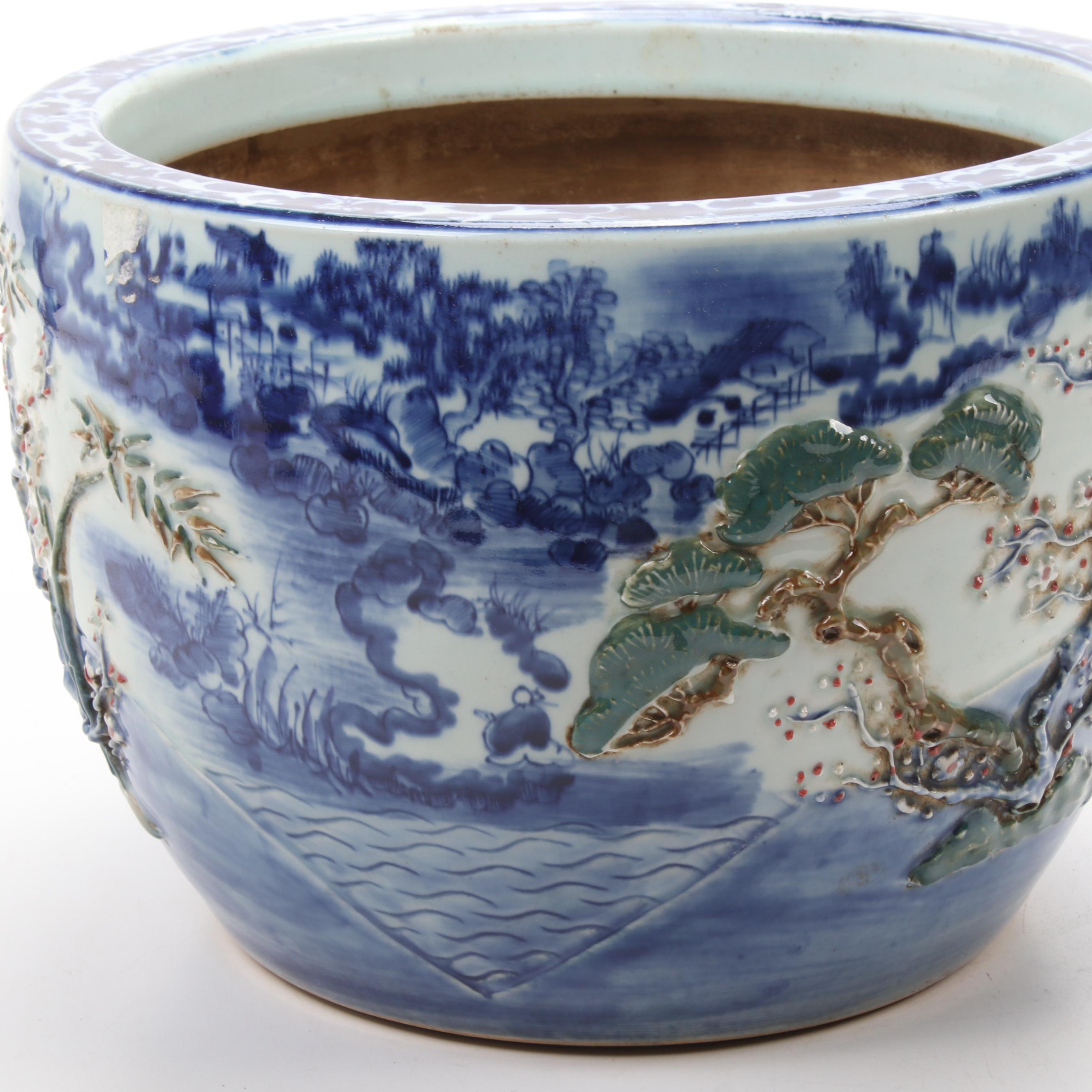 East Asian Blue and White Ceramic Planter with Flowering Tree Motif | EBTH