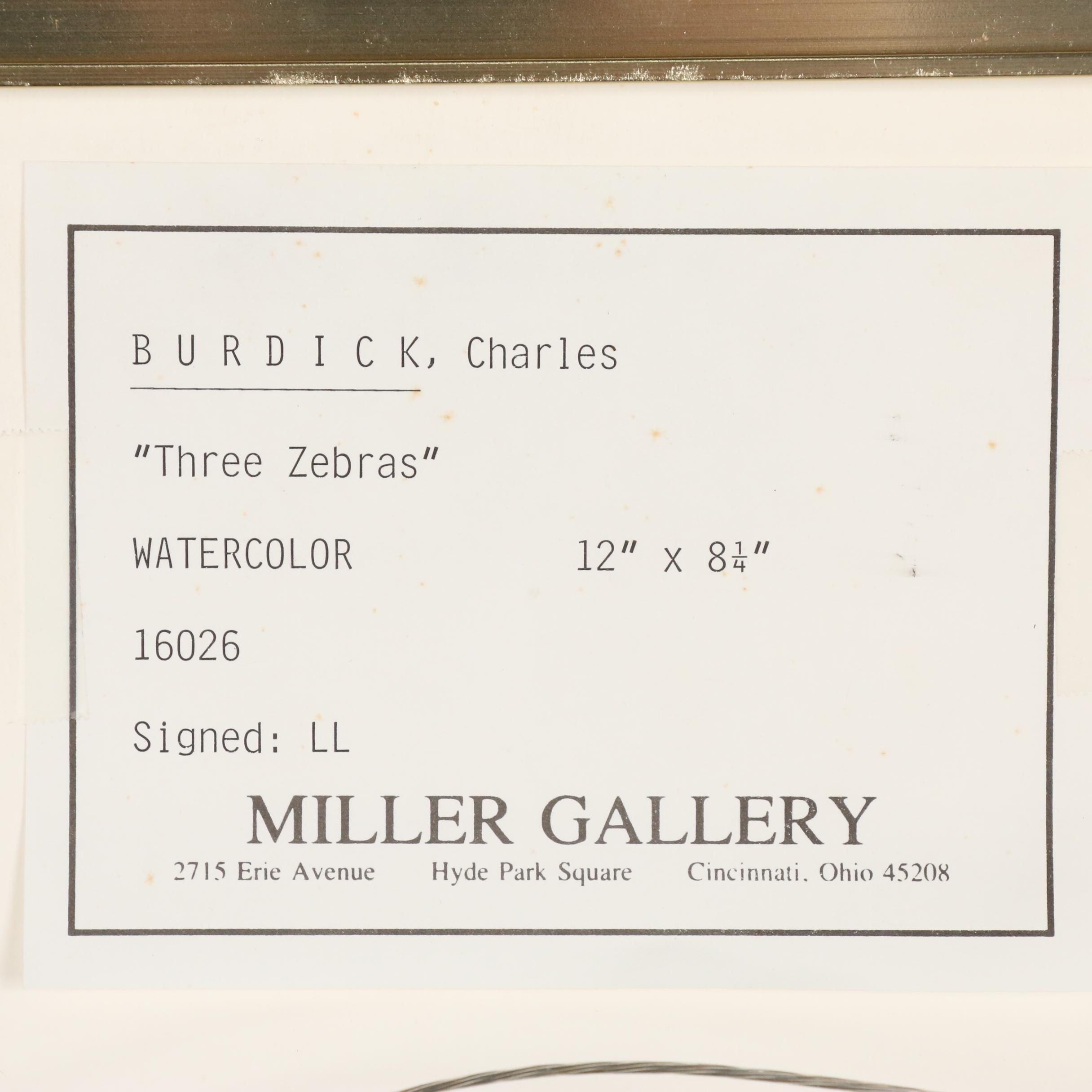 Charles Burdick Watercolor Painting "Three Zebras" | EBTH