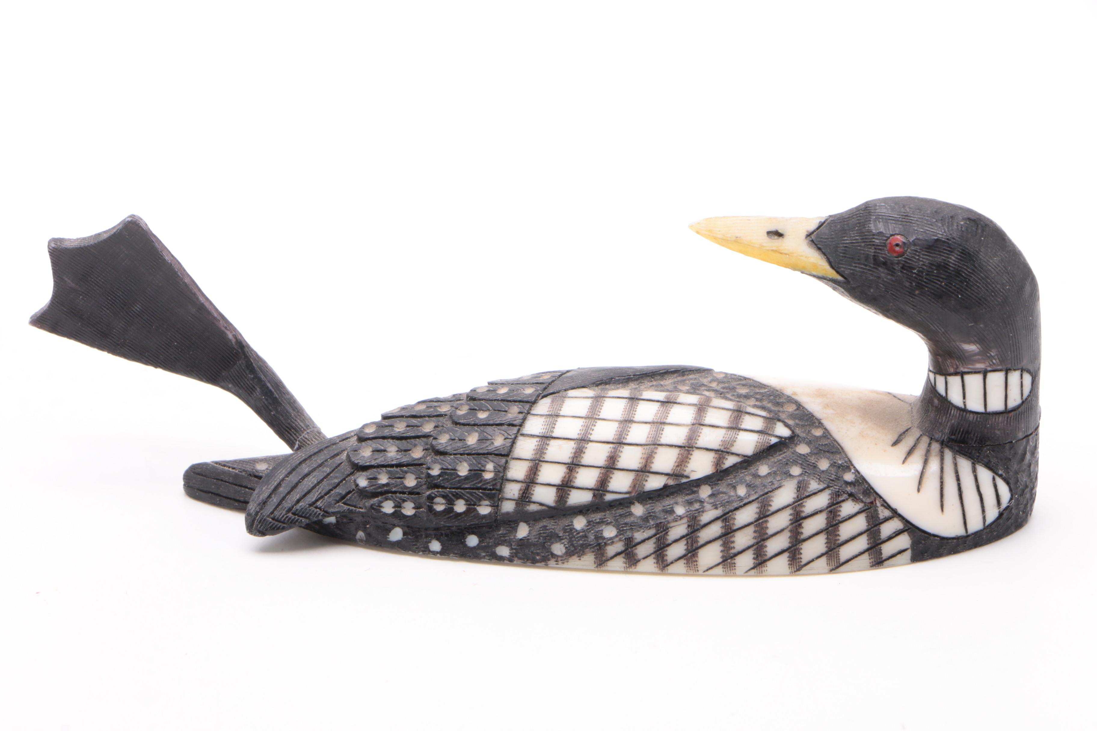 Fred Mayac Inuit Carved Walrus Ivory Emperor Goose and Yellow-Billed ...