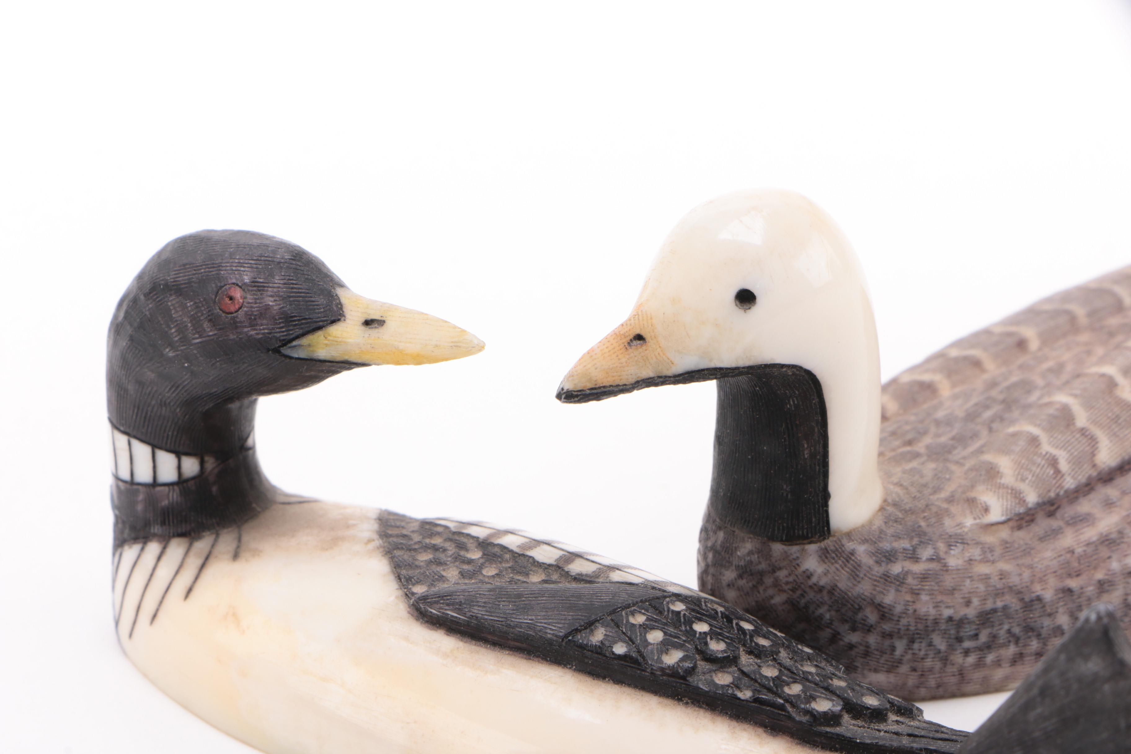 Fred Mayac Inuit Carved Walrus Ivory Emperor Goose and Yellow-Billed ...