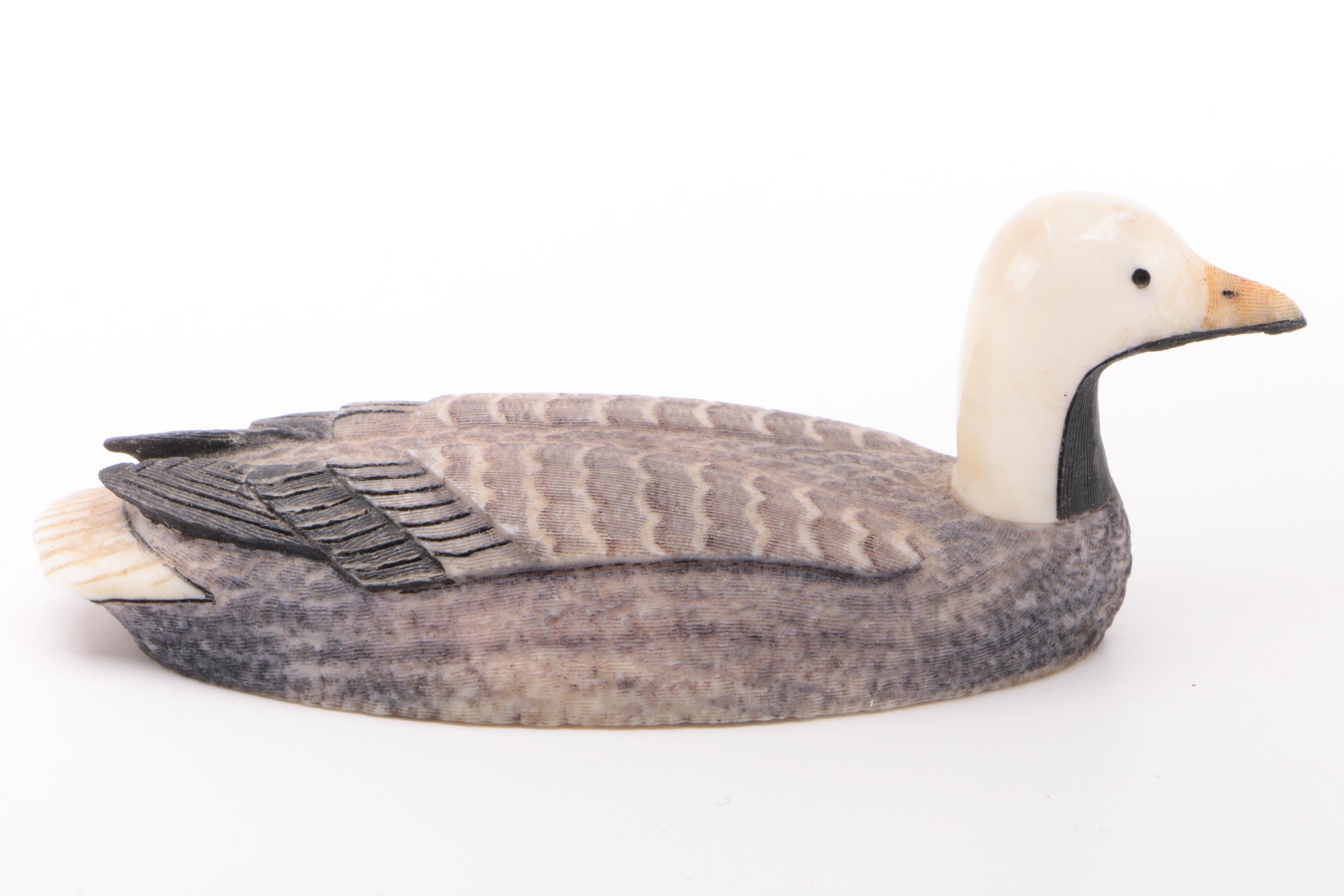 Fred Mayac Inuit Carved Walrus Ivory Emperor Goose and Yellow-Billed ...