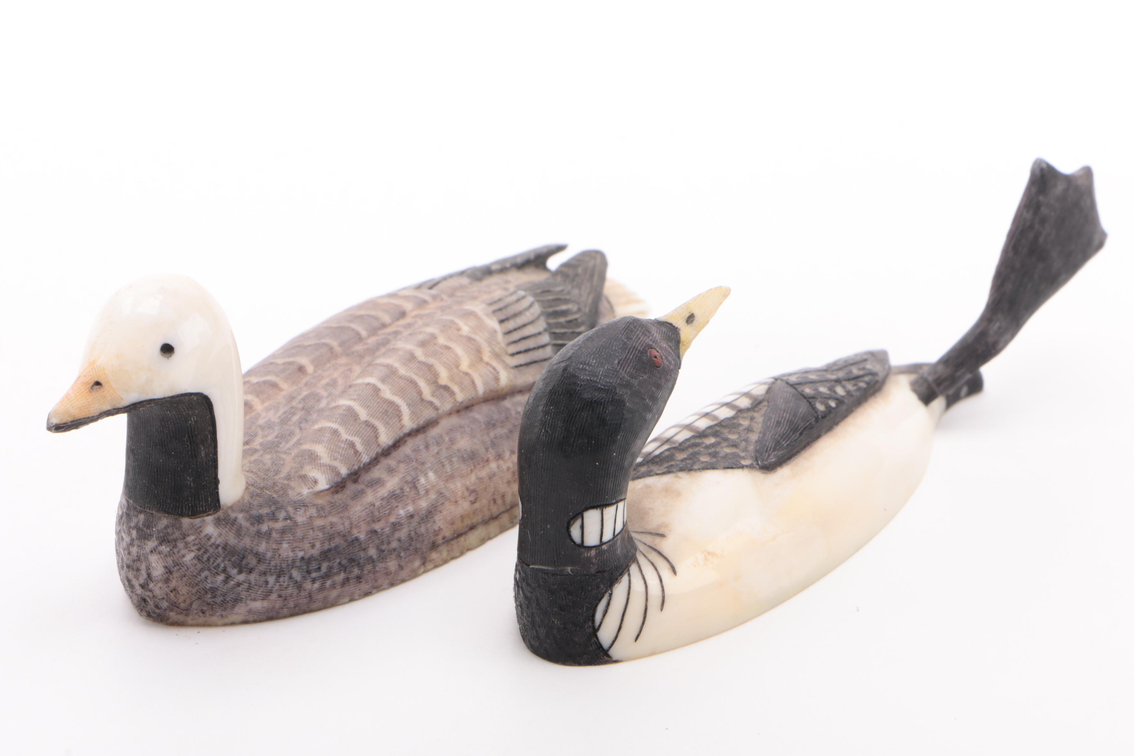 Fred Mayac Inuit Carved Walrus Ivory Emperor Goose and Yellow-Billed ...