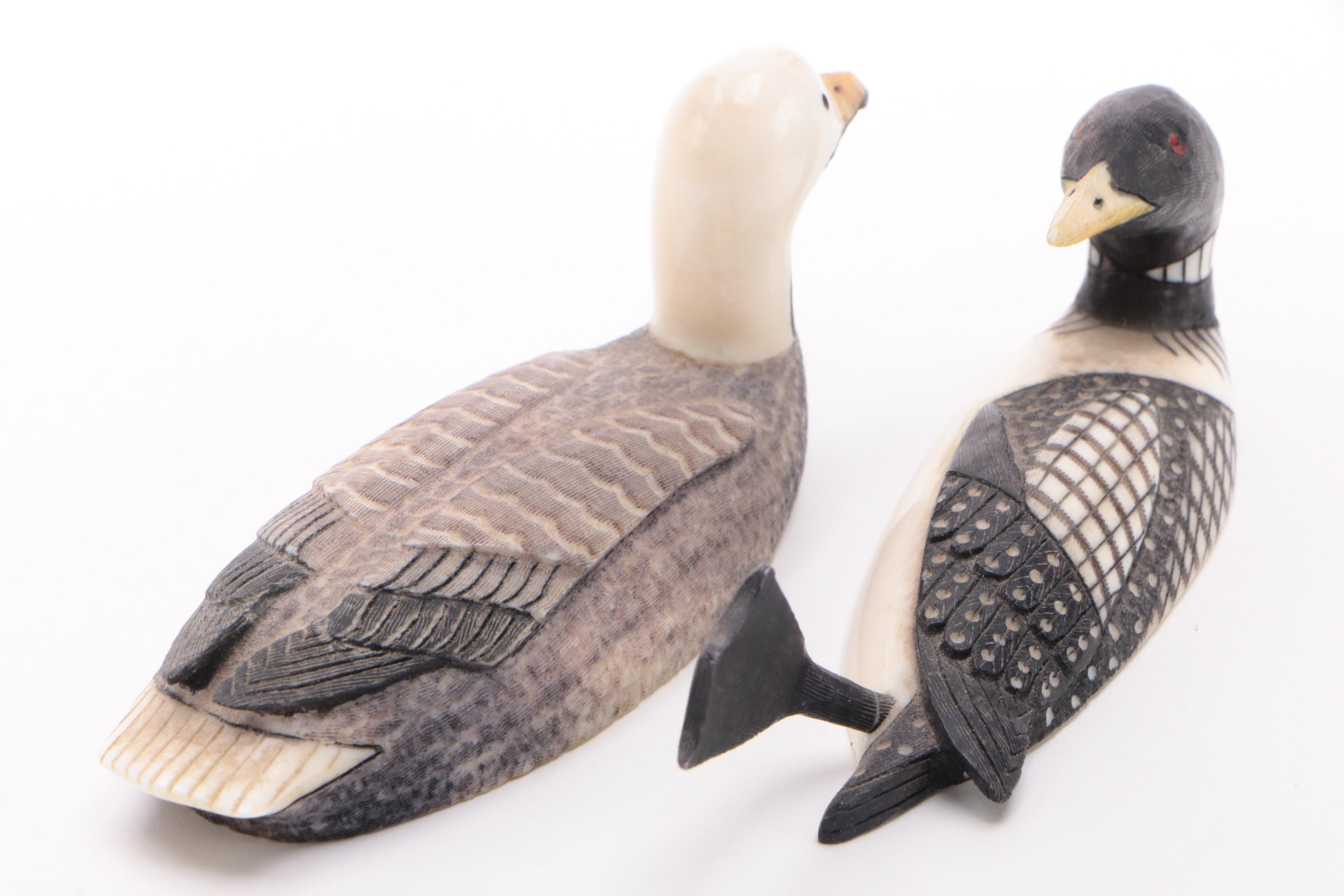 Fred Mayac Inuit Carved Walrus Ivory Emperor Goose and Yellow-Billed ...