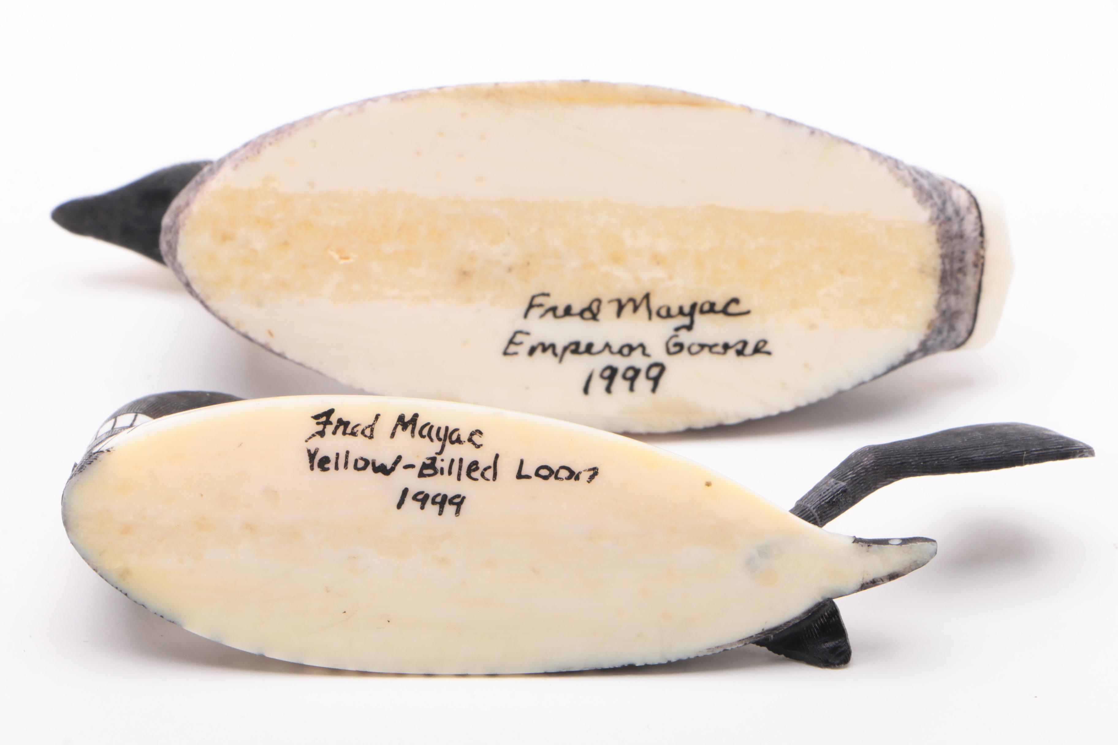 Fred Mayac Inuit Carved Walrus Ivory Emperor Goose and Yellow-Billed ...