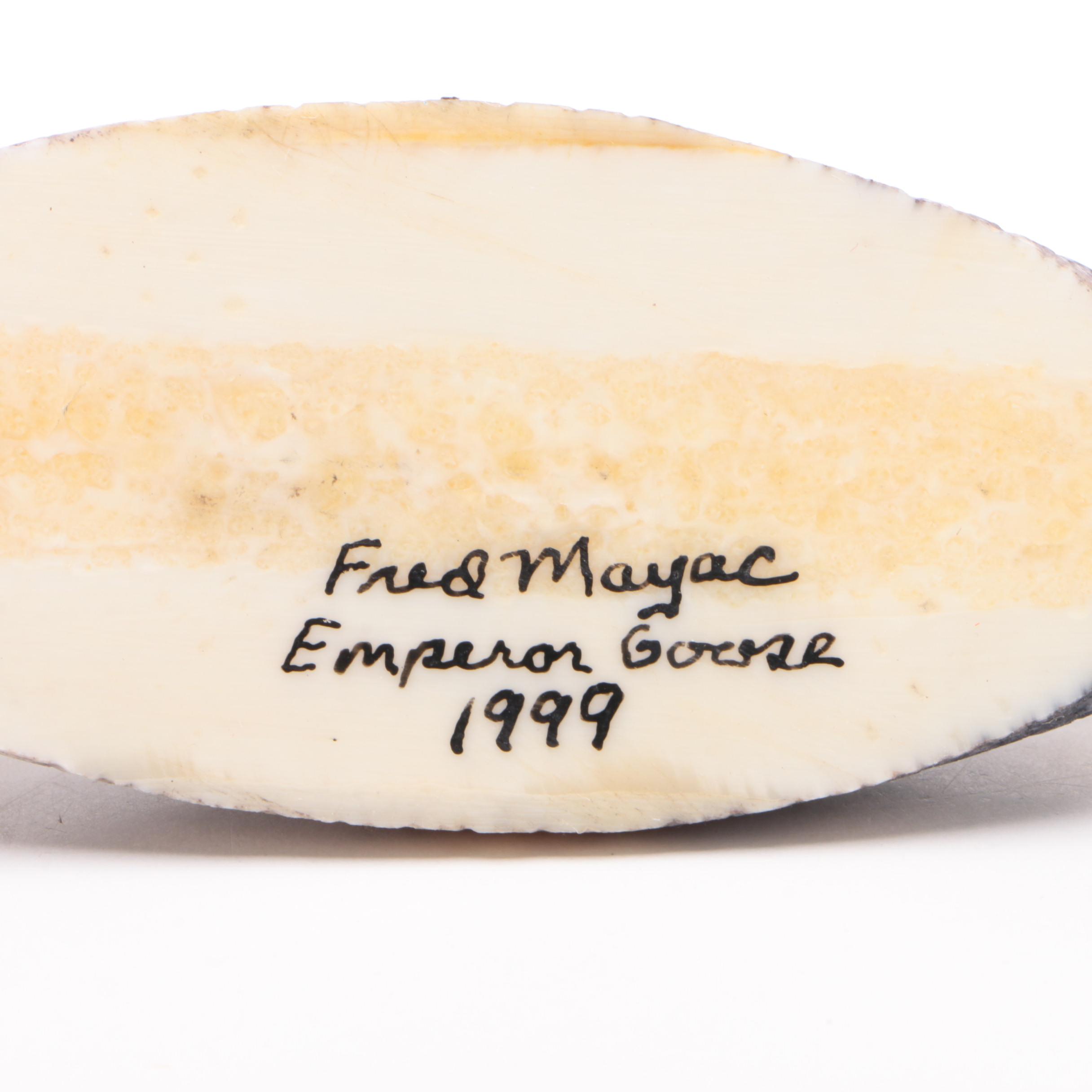 Fred Mayac Inuit Carved Walrus Ivory Emperor Goose and Yellow-Billed ...