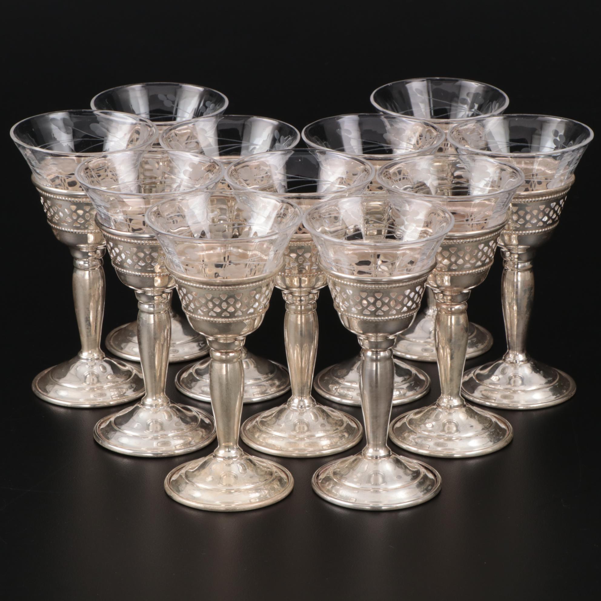 Redlich & Company Sterling Silver Zarf Cordial Cups with Etched Glass ...