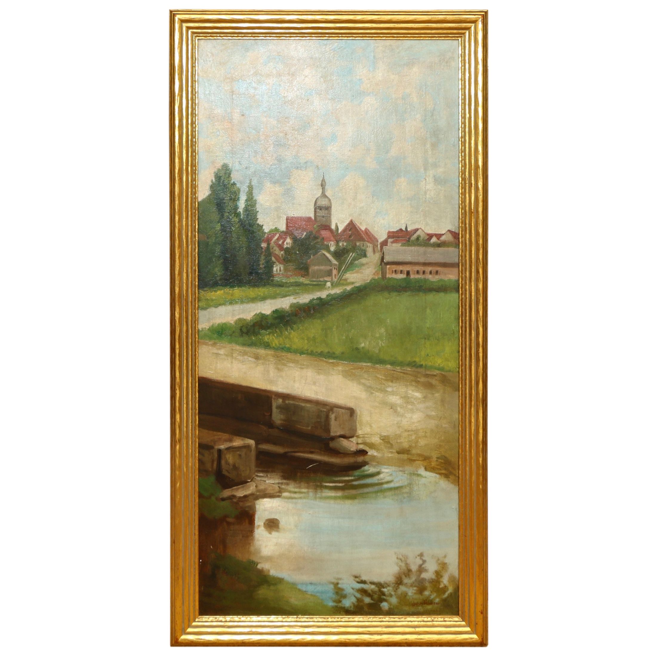 John Hauser Oil Painting of Canal and Village Scene | EBTH