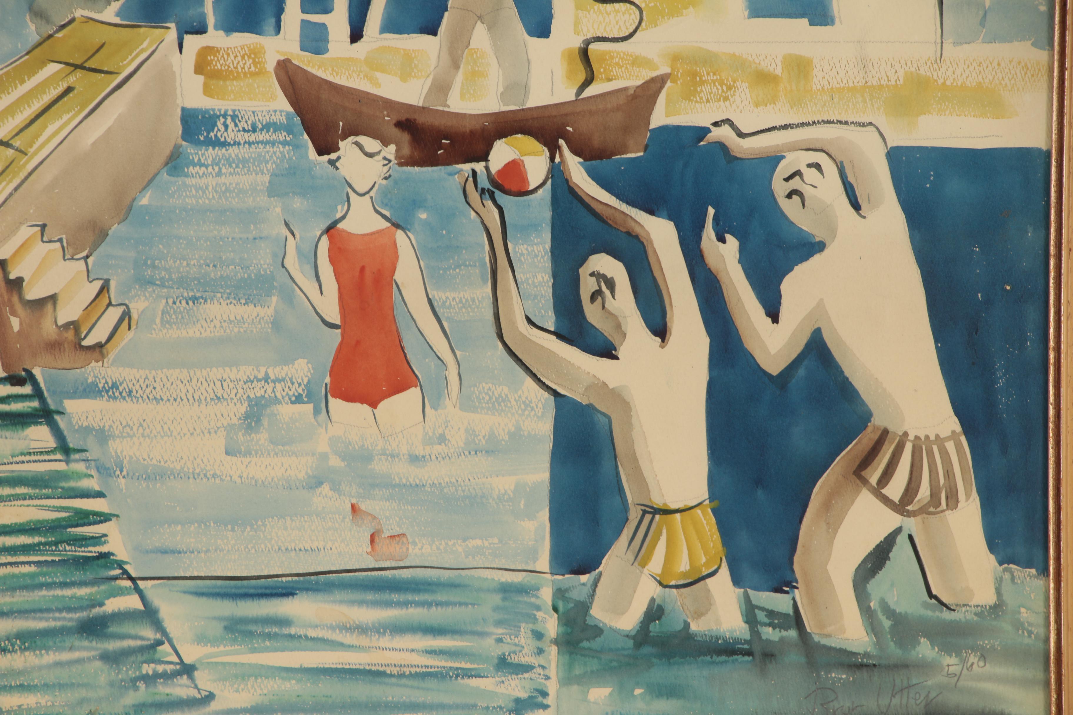 Bror Utter Modernist Figural Watercolor Painting, 1960 | EBTH