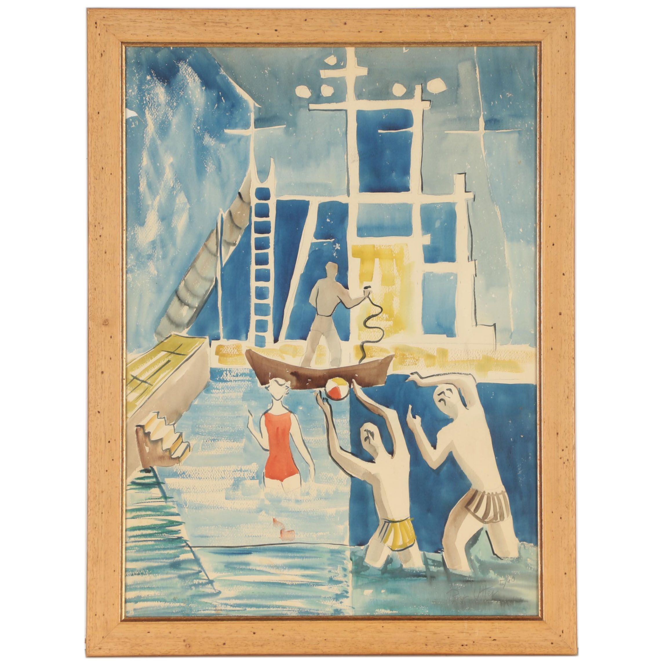 Bror Utter Modernist Figural Watercolor Painting, 1960 | EBTH