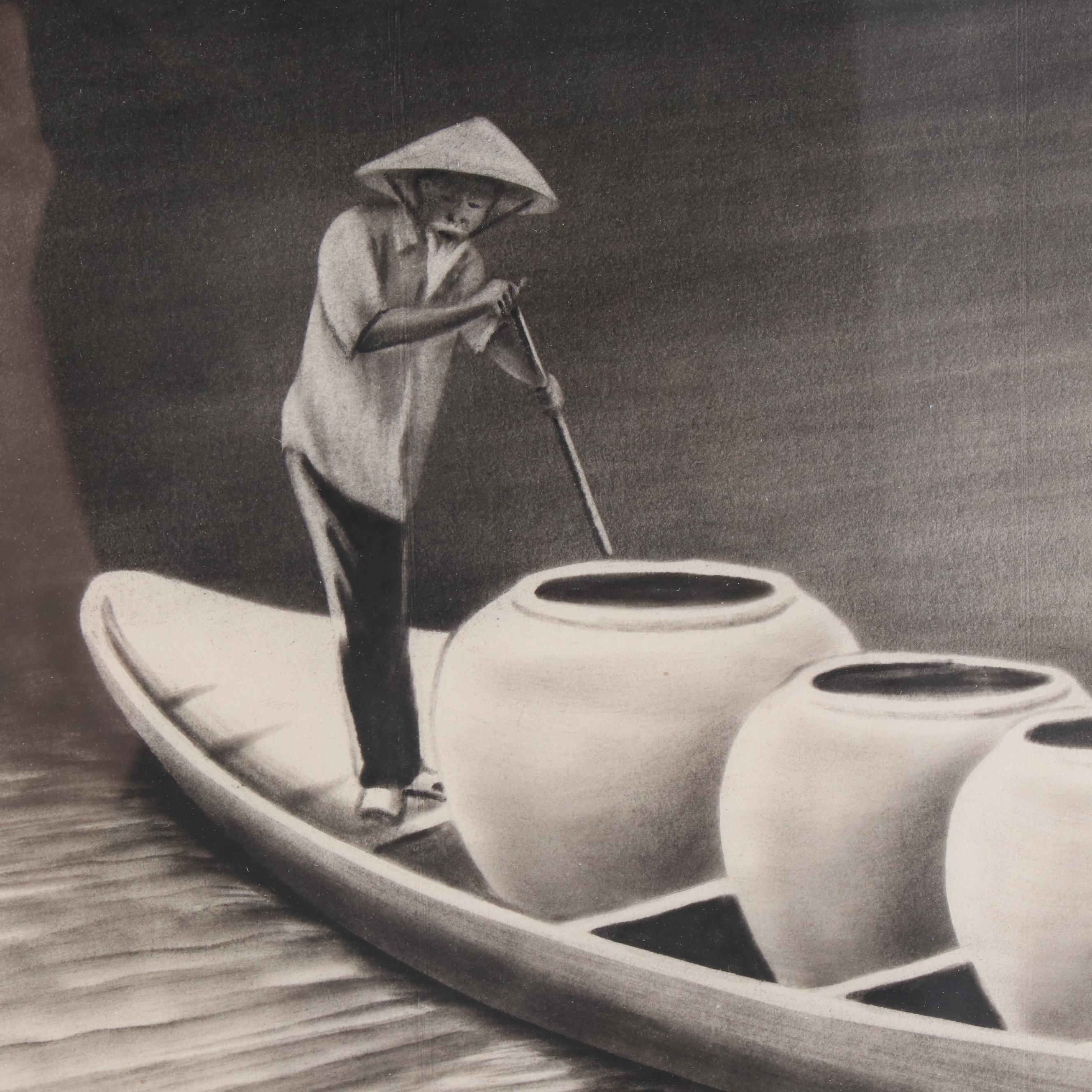 Charcoal Drawing of Chinese Man Steering a Sampan | EBTH