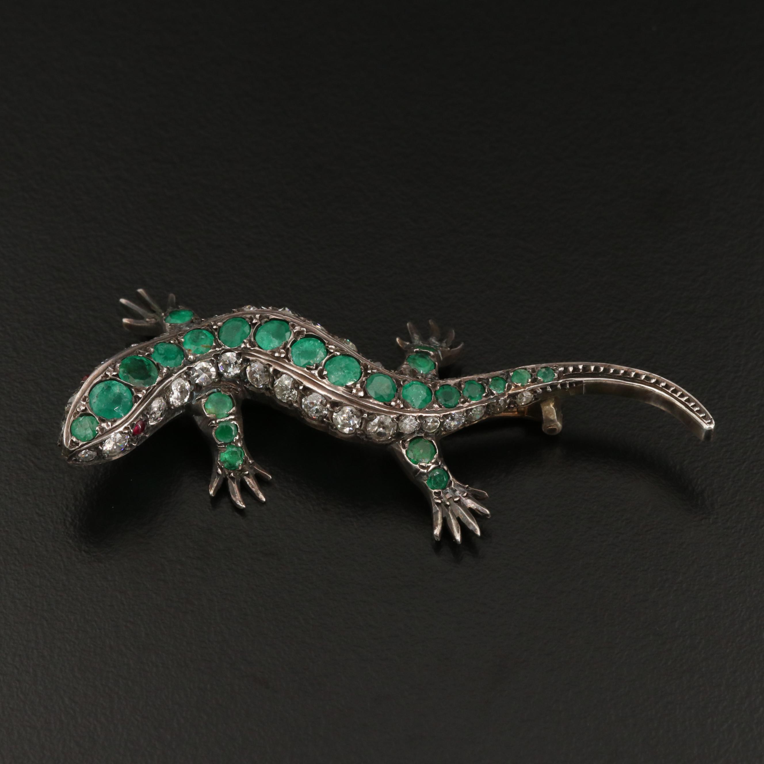 935 Silver Emerald and 2.72 CTW Diamond Lizard Brooch | EBTH