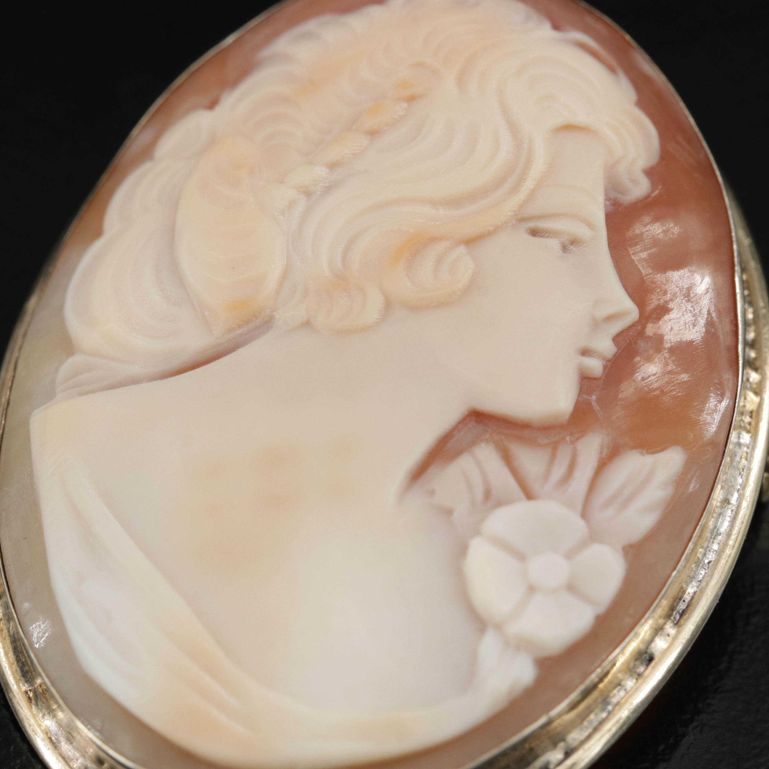 Vintage 800 Silver Carved Helmet Shell Cameo Converter Brooch | EBTH