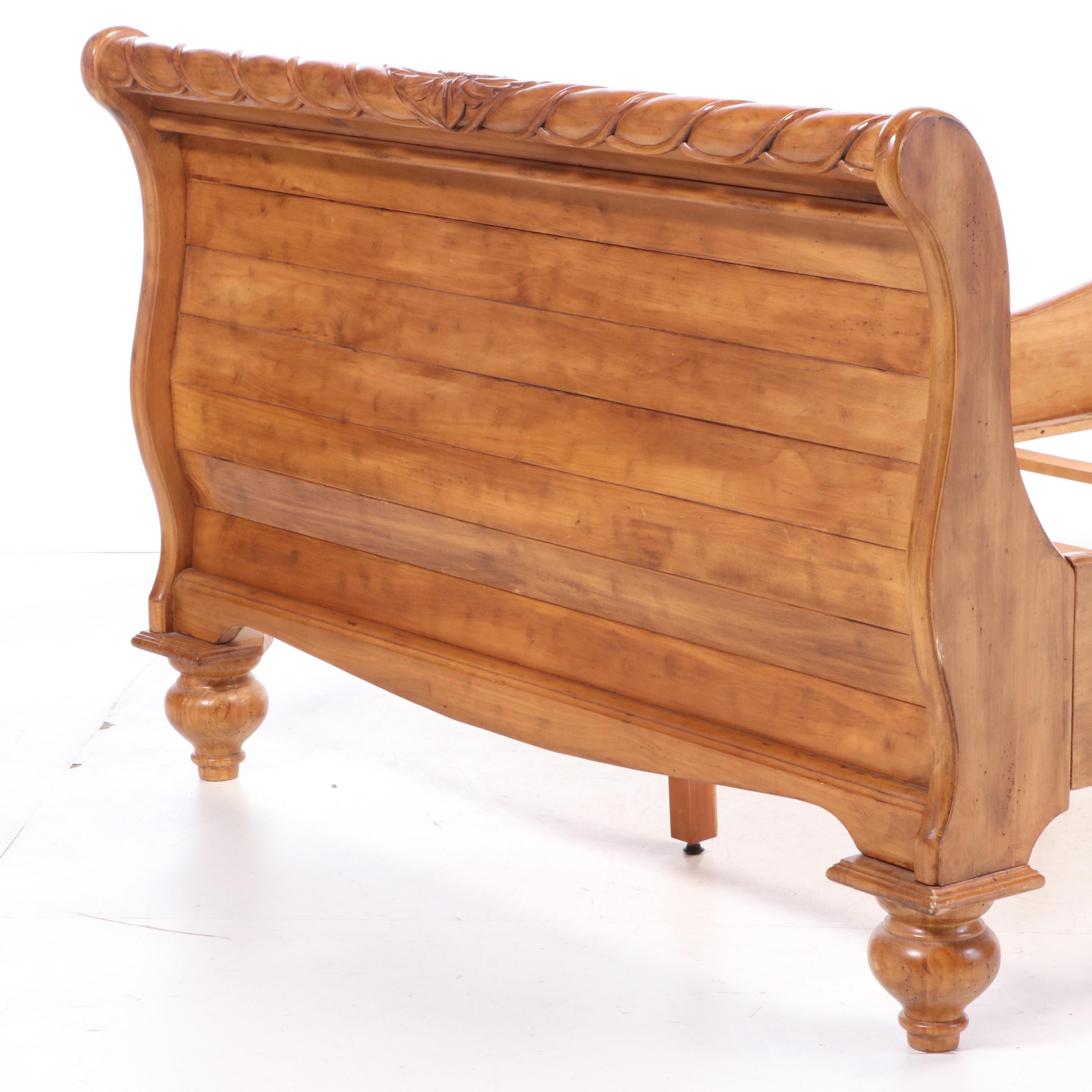 Contemporary Carved Wood Queen Size Sleigh Bed in Natural Finish | EBTH