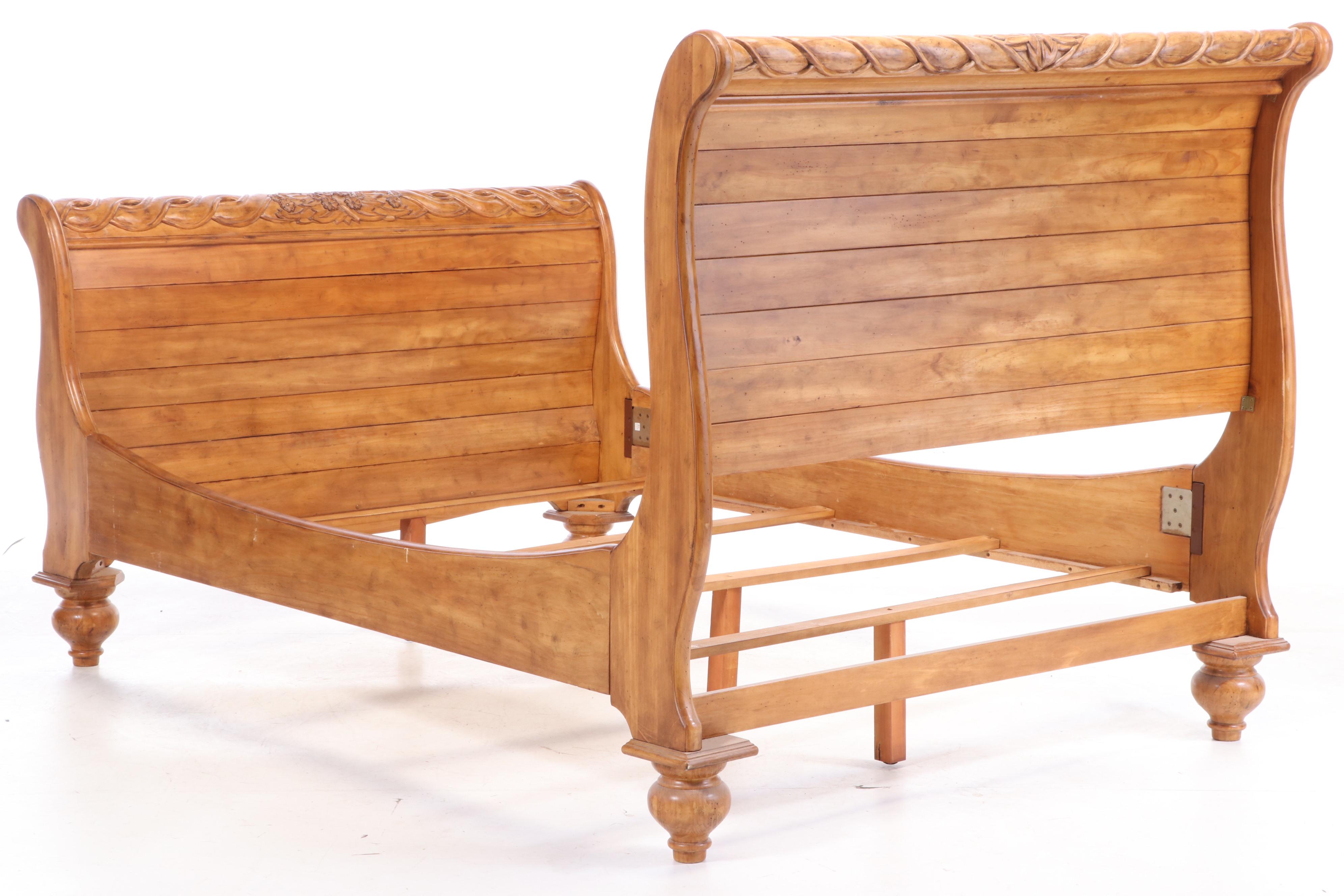 Contemporary Carved Wood Queen Size Sleigh Bed in Natural Finish | EBTH