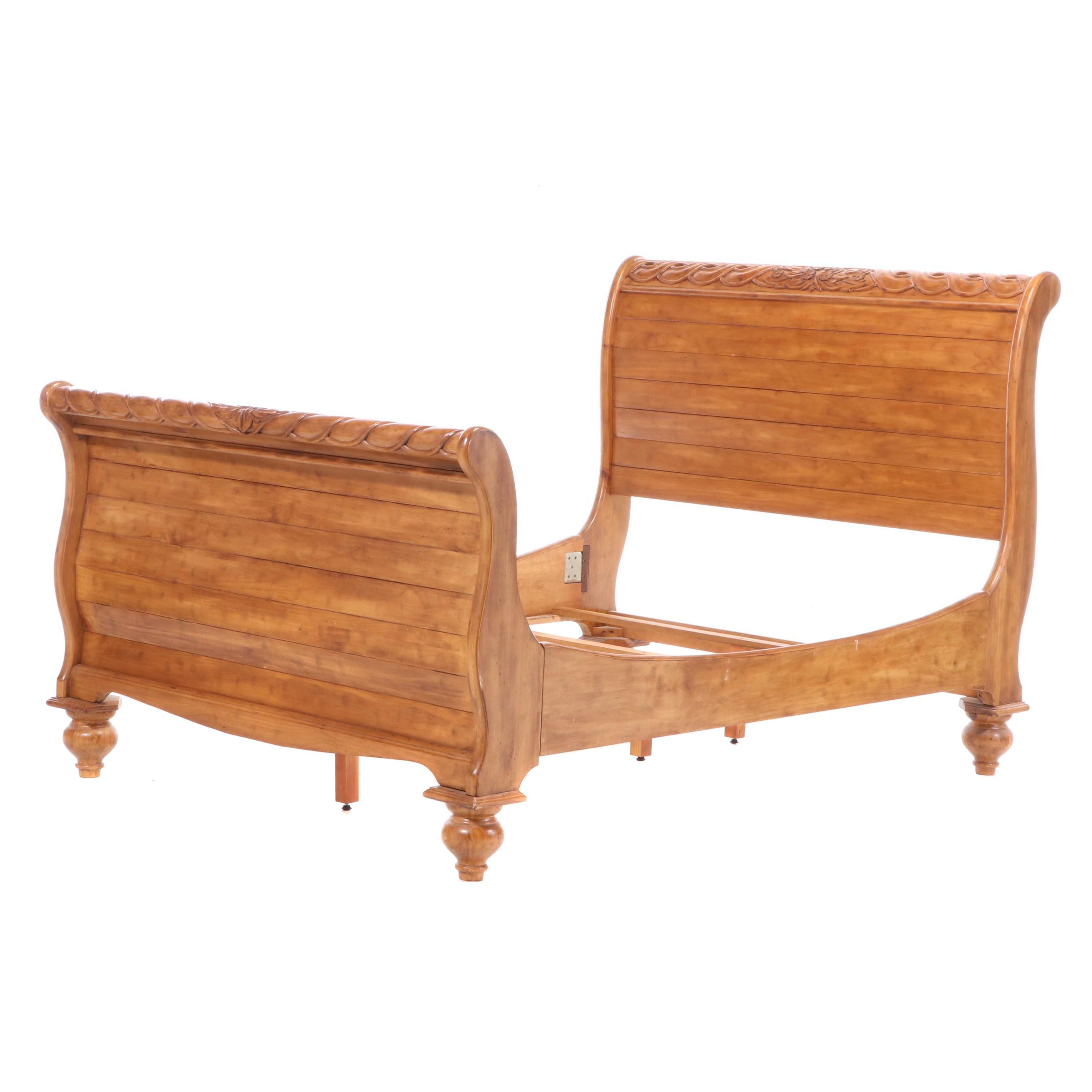 Contemporary Carved Wood Queen Size Sleigh Bed in Natural Finish | EBTH