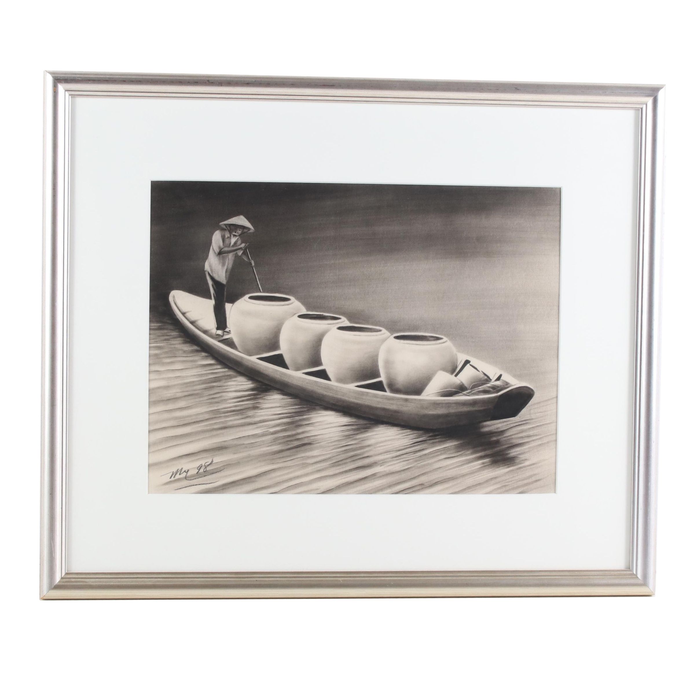 Charcoal Drawing of Chinese Man Steering a Sampan | EBTH