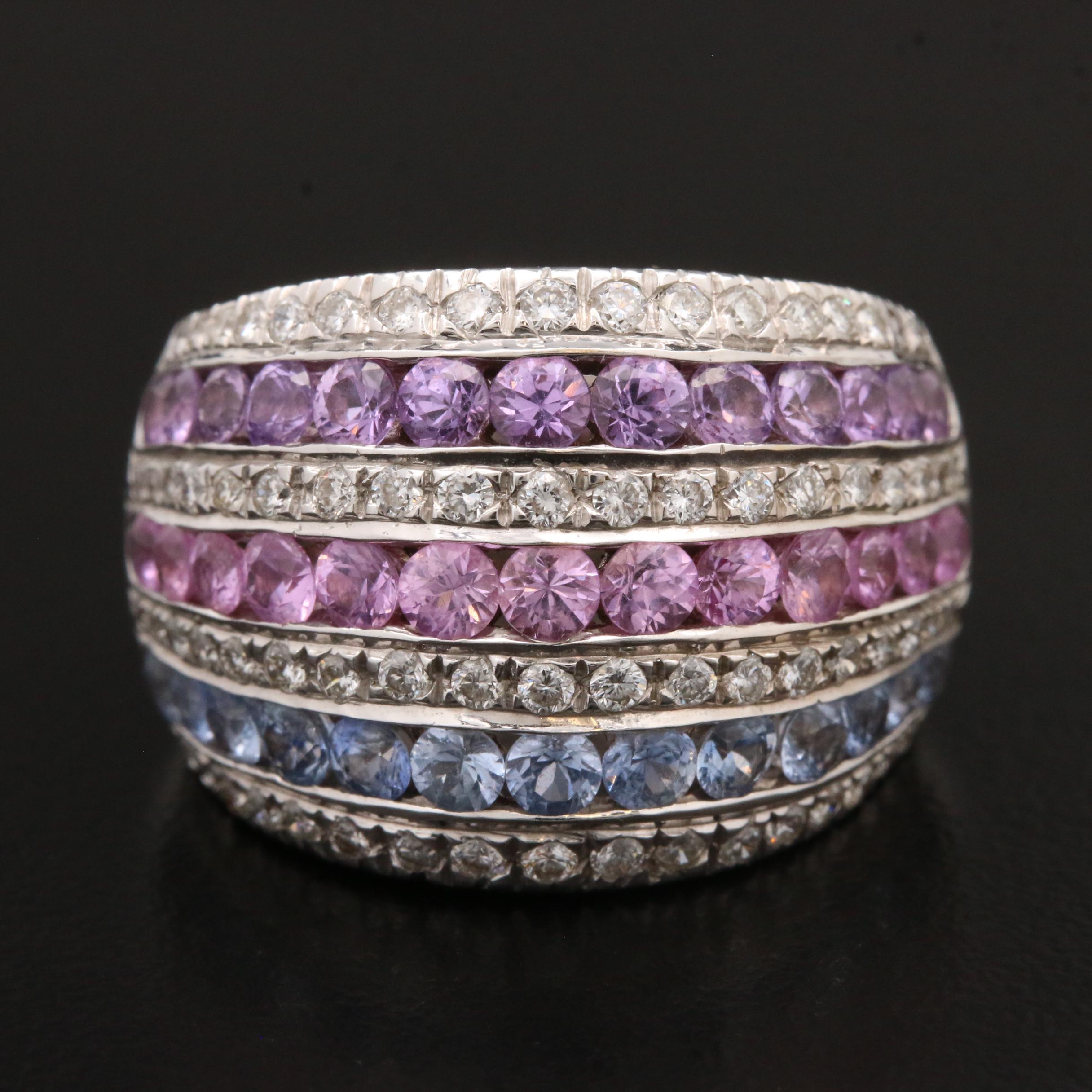 18K Gold Sapphire and Diamond Mutli-Row Dome Ring | EBTH