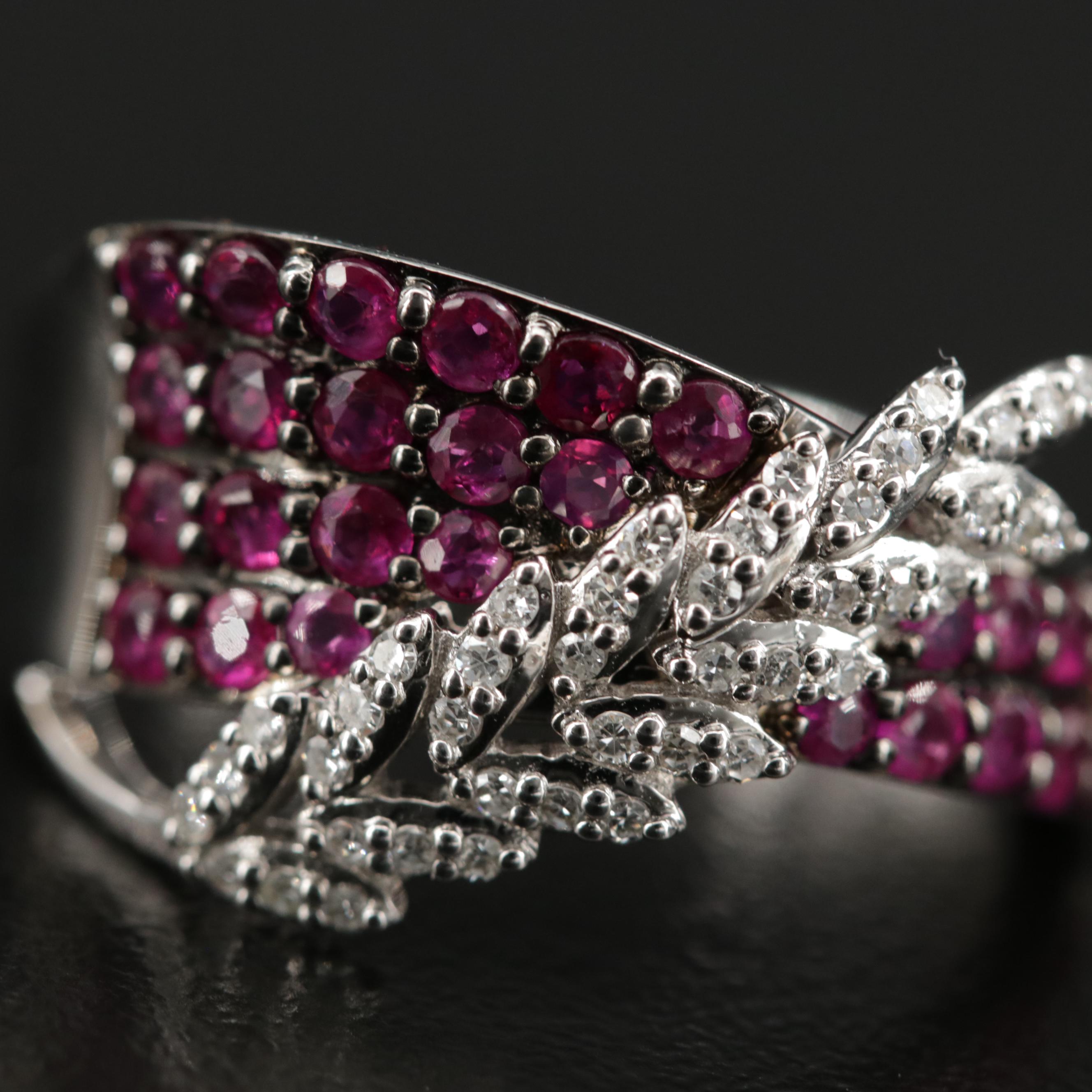 EFFY 14K Ruby Asymmetrical Ring With Diamond Leaf Accent | EBTH