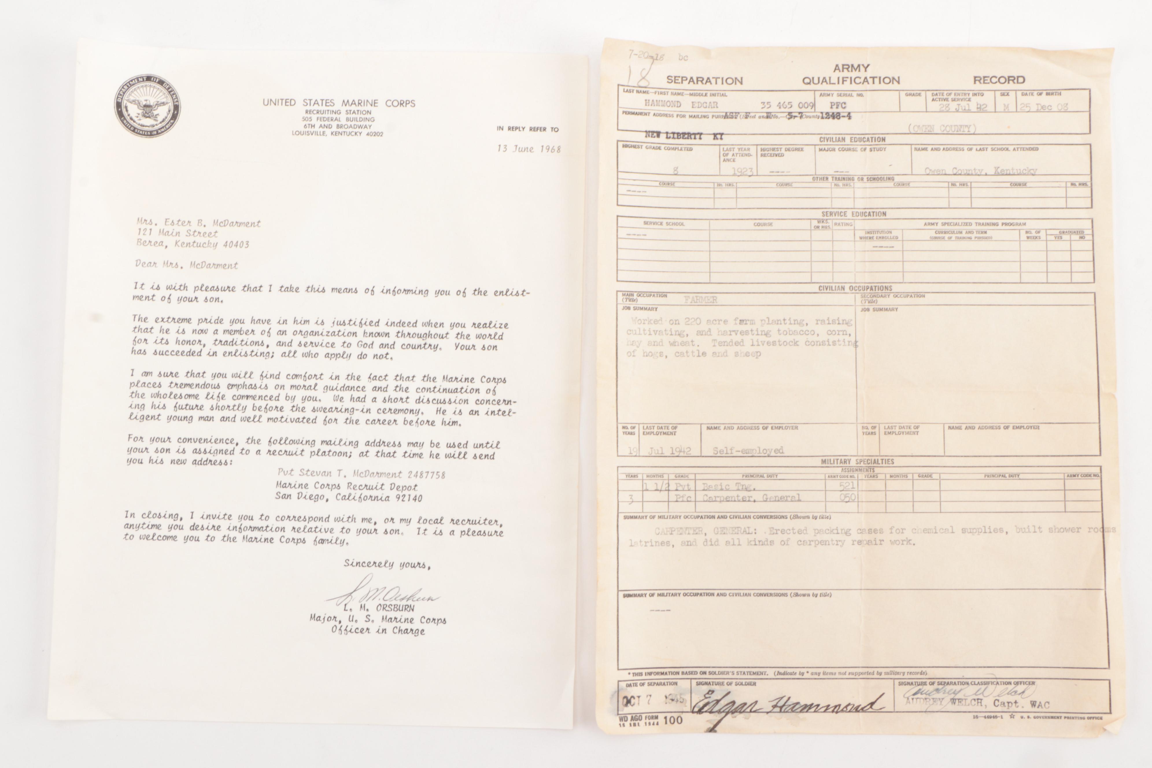 United States Army Separation Paperwork and Memorial Paperwork | EBTH