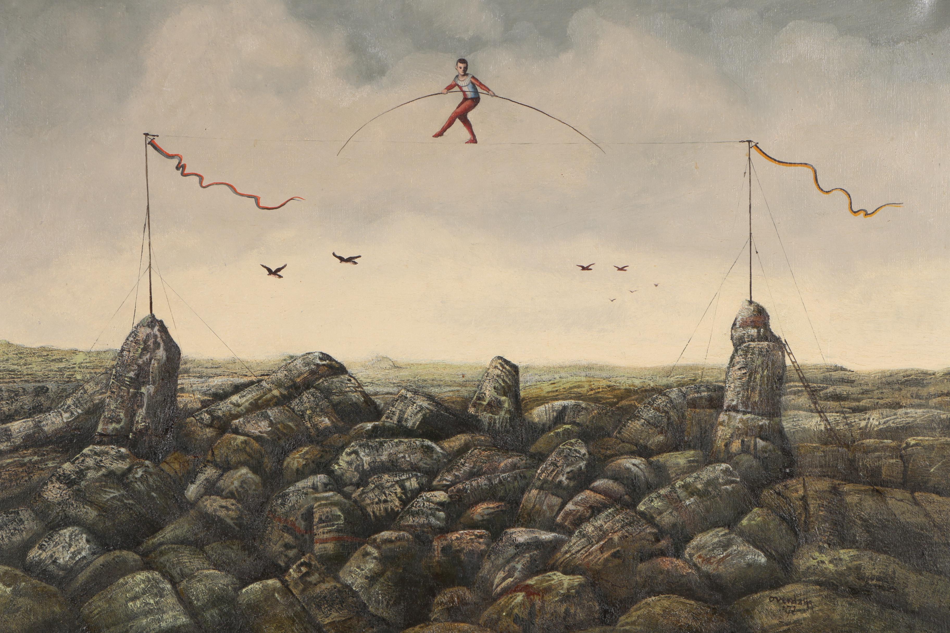 Ab van Overdam Oil Painting of Tightrope Walker over Rocky Shore, 1972 ...