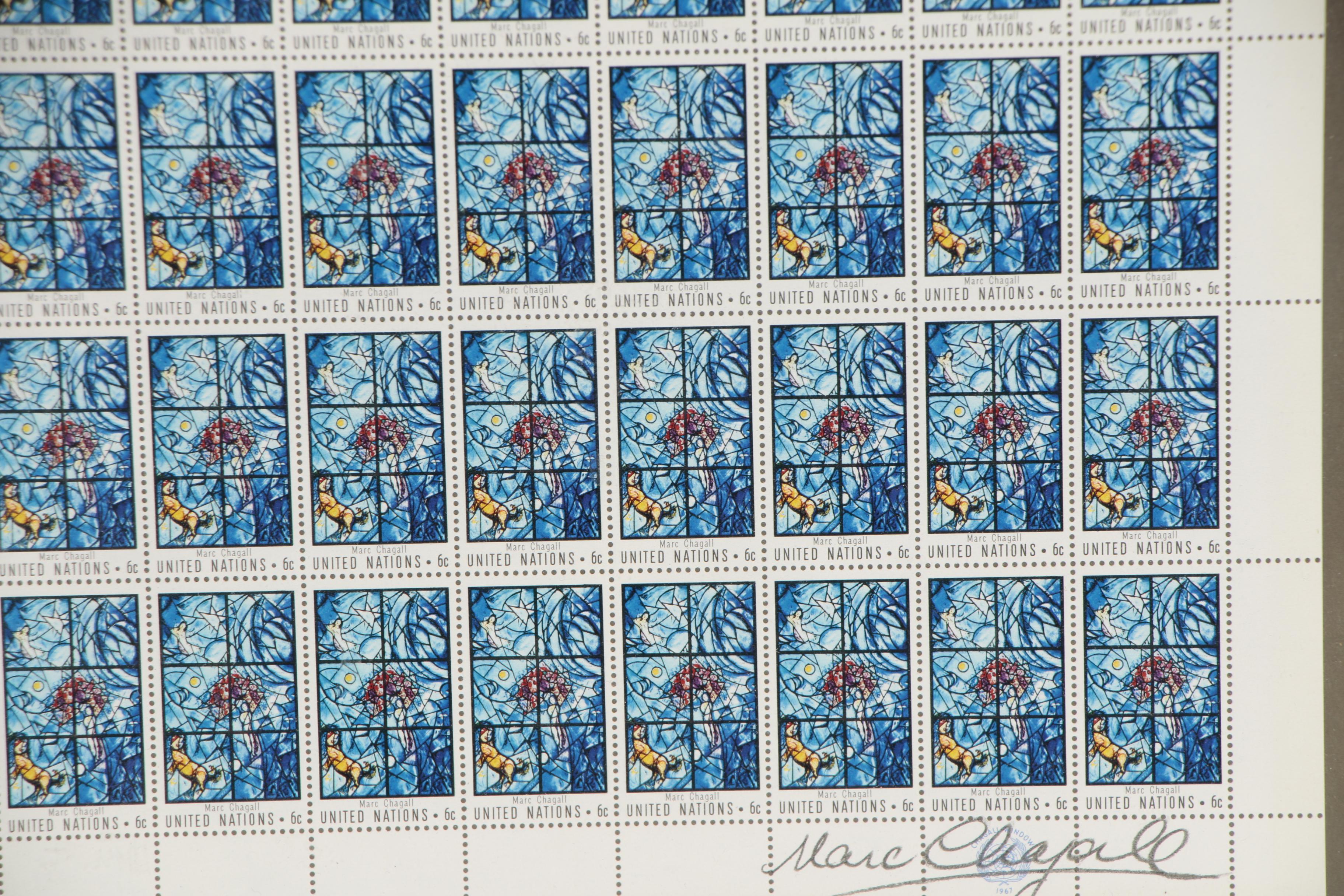 United Nations Uncut Postage Stamps After Marc Chagall with Signature ...