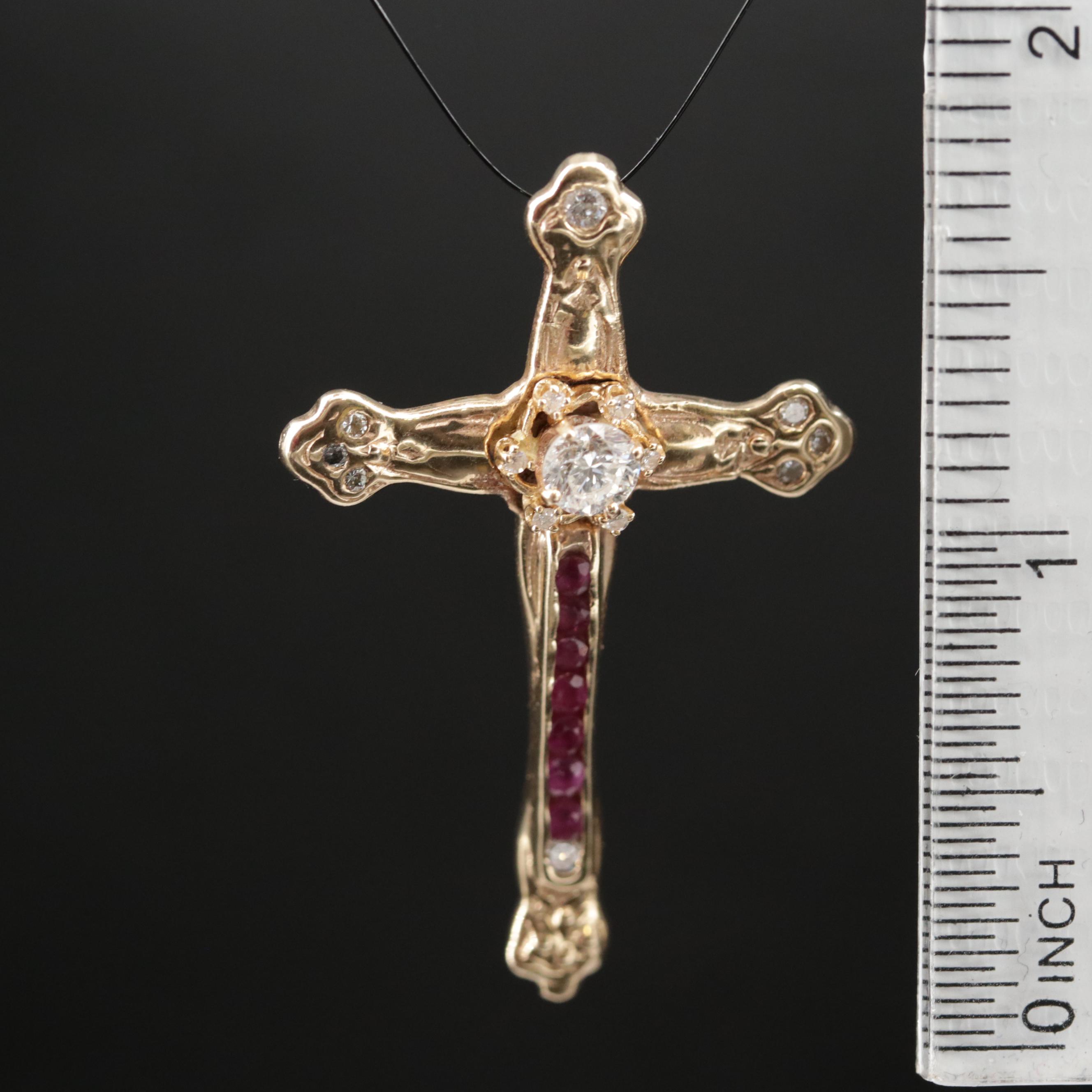 14K Gold Diamond and Ruby Crucifix Pendant | EBTH