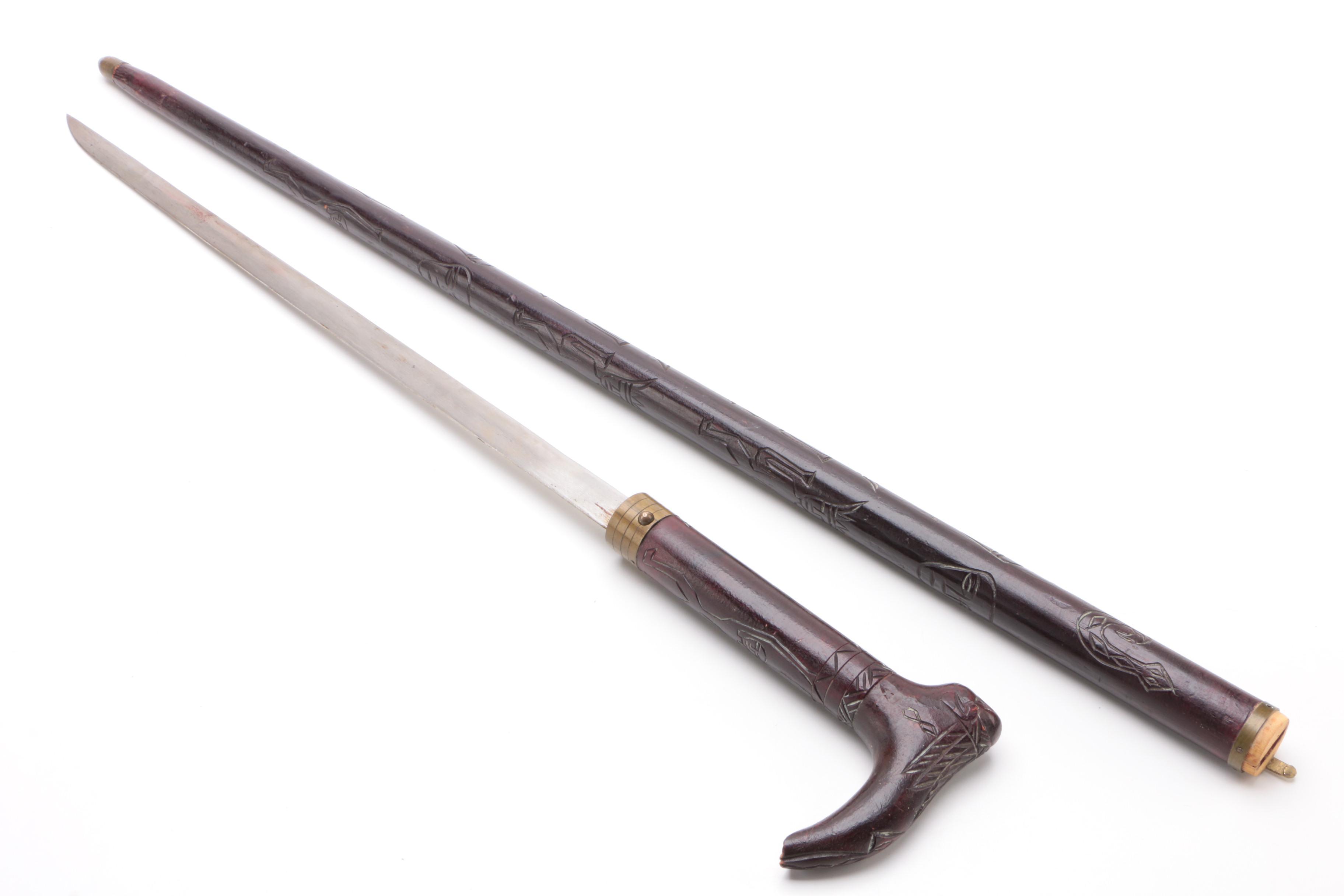 African Sword Cane with Thorn Wood Cane and Ebonized Wood Walking Stick ...
