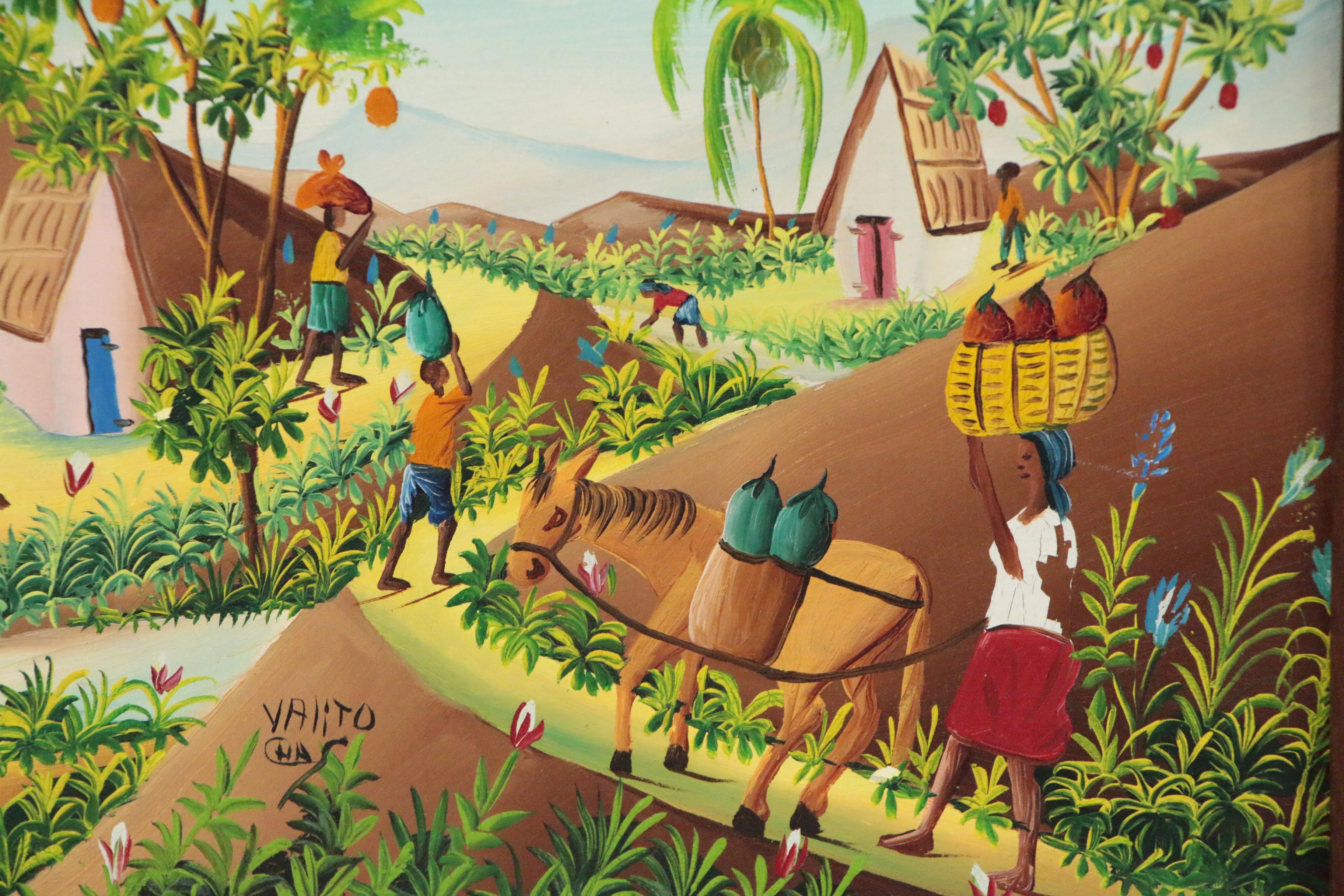 Charles Valito Haitian Folk Oil Painting of Figures in Tropical Village ...