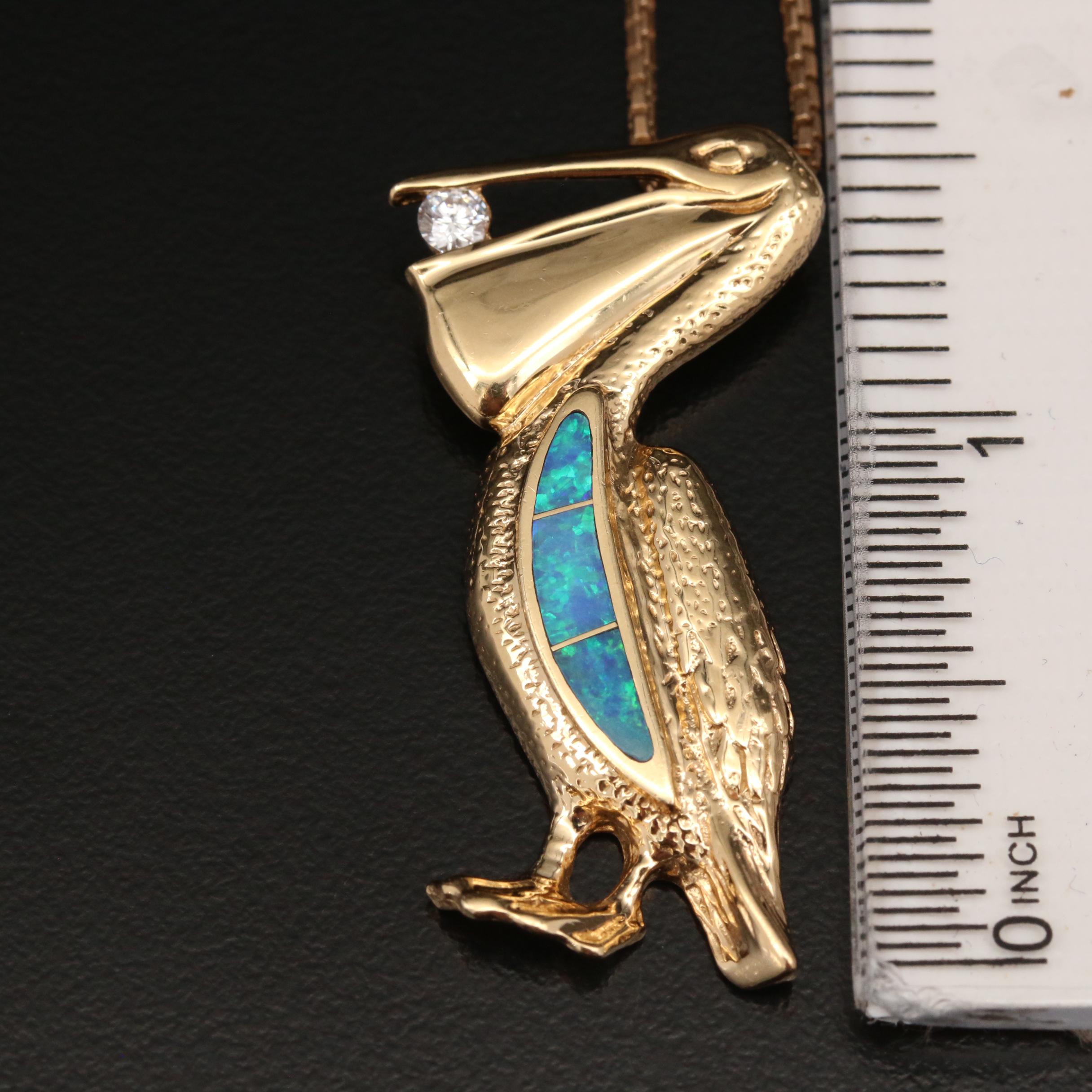 14K Gold Diamond and Opal Doublet Pelican Pendant Necklace | EBTH