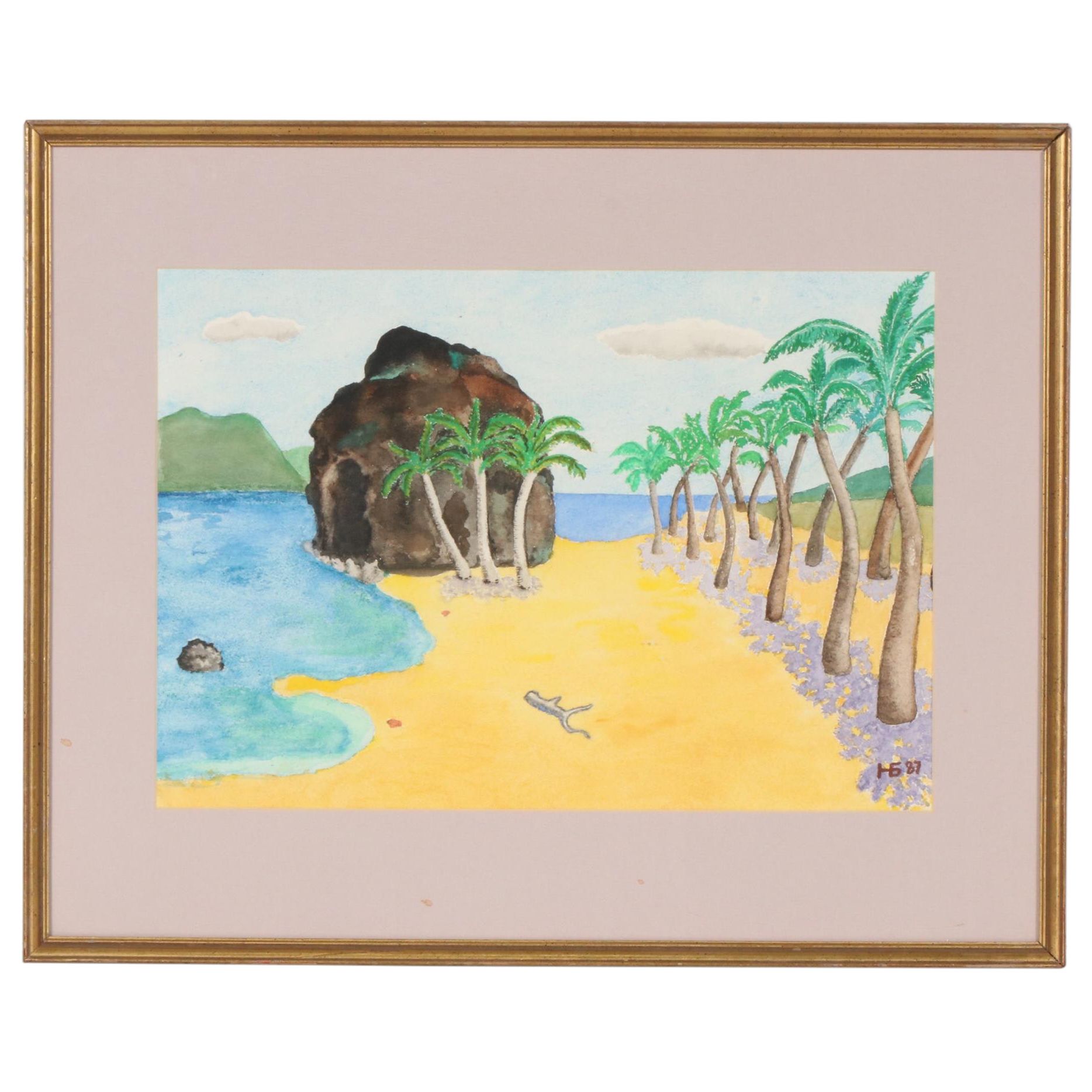 Folk Art Beach Scene Watercolor Painting, 1987 | EBTH