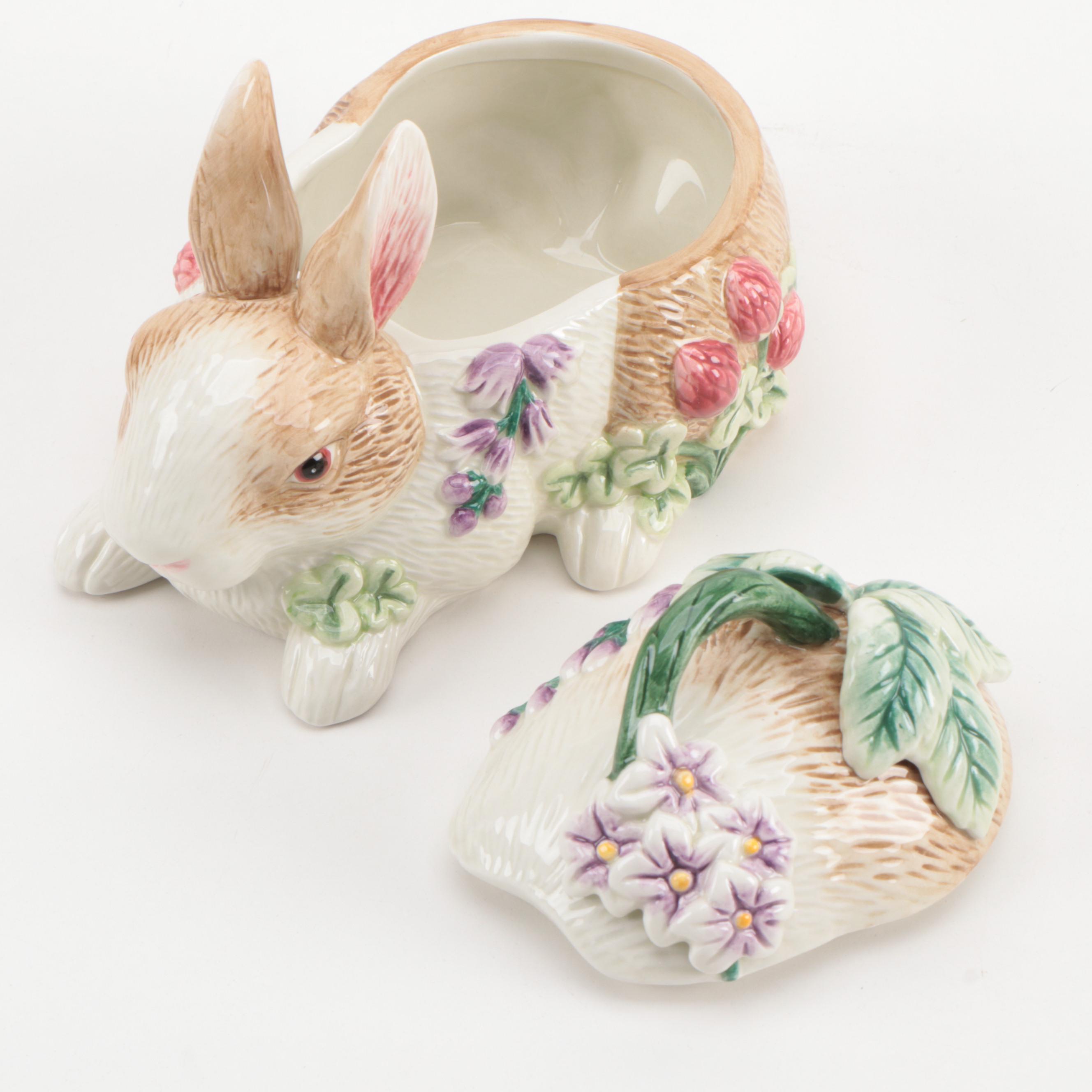 Fitz and Floyd "Botanical Bunny" Box with "Spotted Rabbit" Shakers and ...