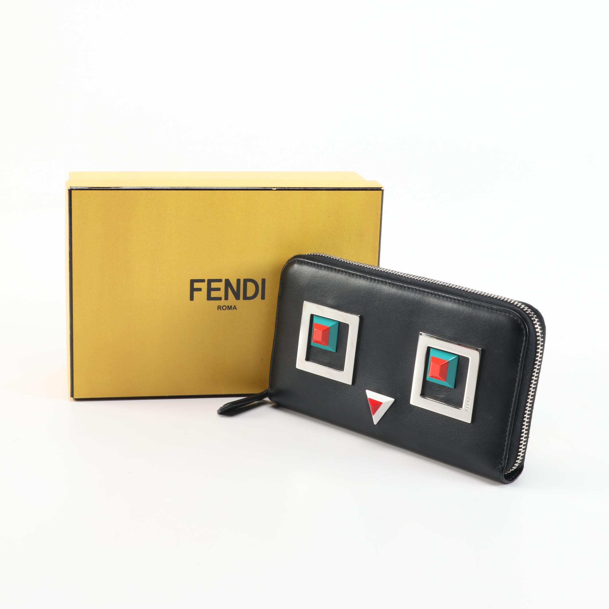 Fendi Robot Stud Embellished Black Leather Zip Around Wallet | EBTH