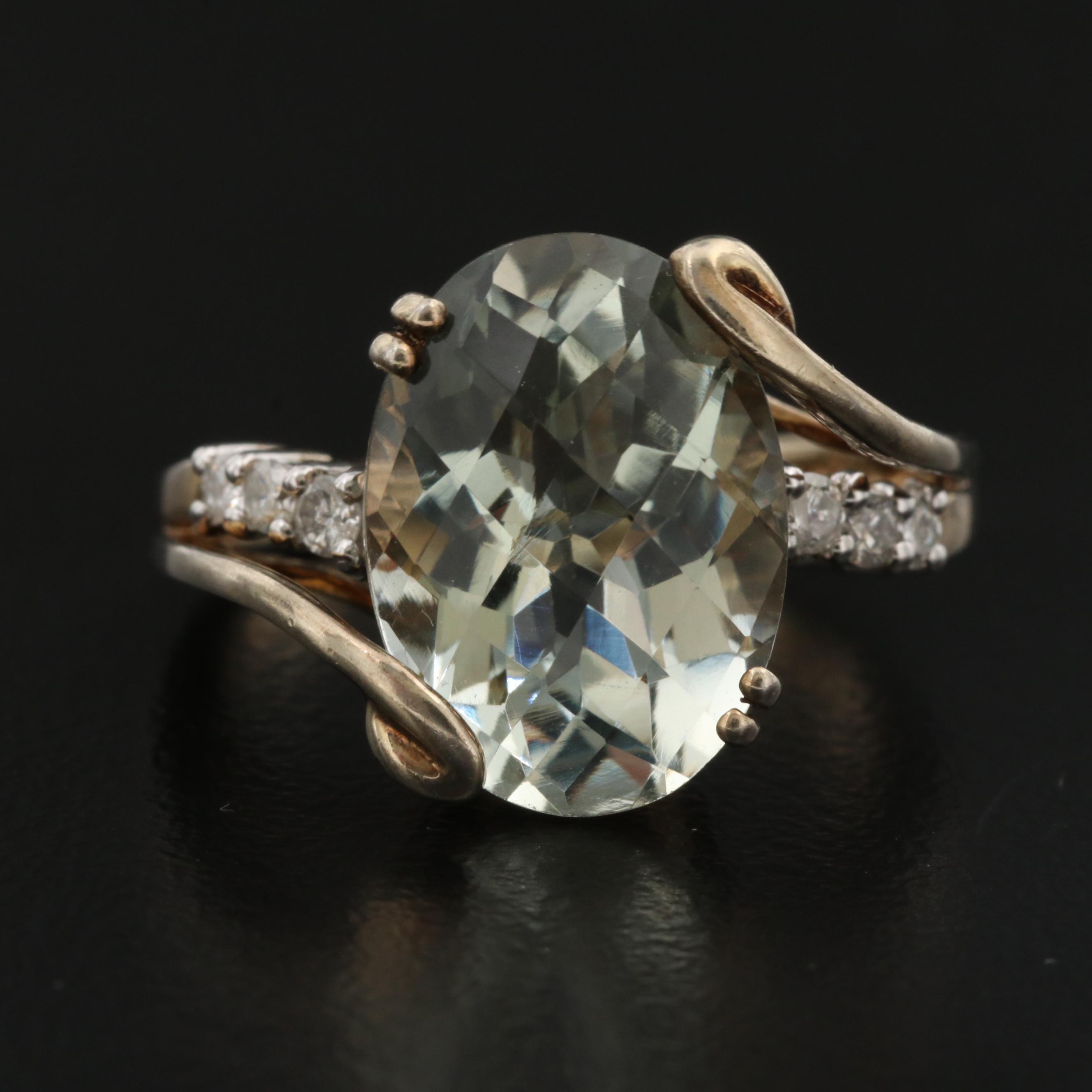 Sterling Silver Prasiolite and Diamond Ring Featuring Bypass Design | EBTH