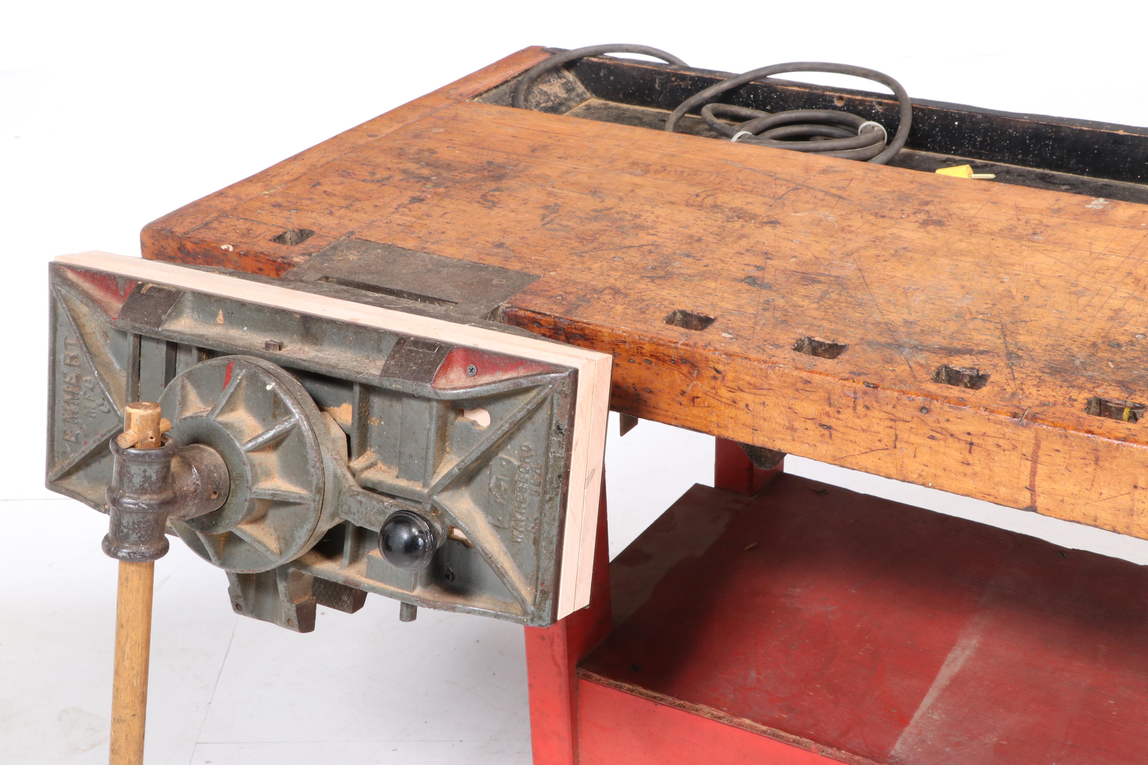 Vintage Wooden Work Bench with Emmert Vise Included | EBTH