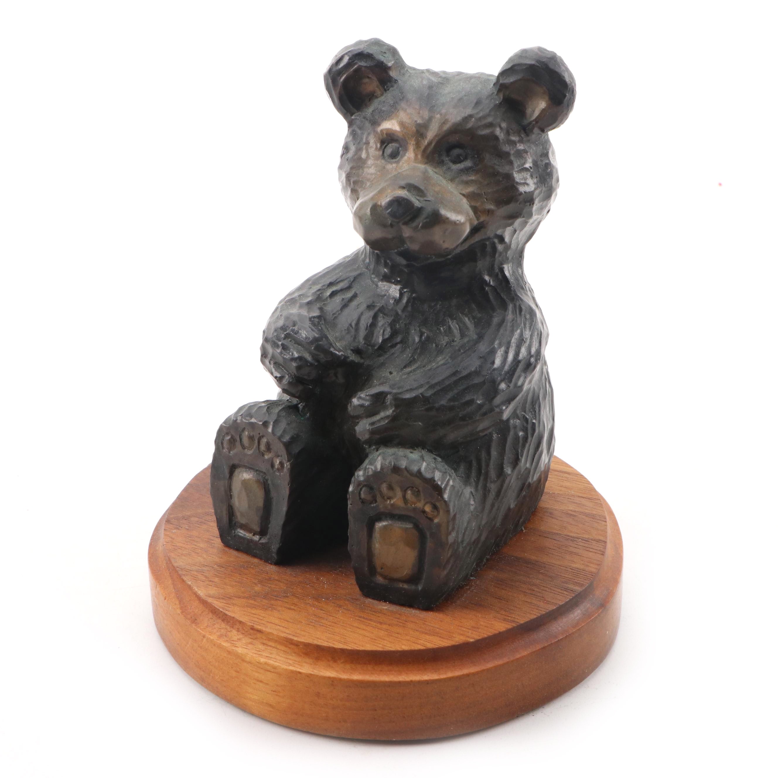 Metal Teddy Bear Figurine on Wooden Base | EBTH