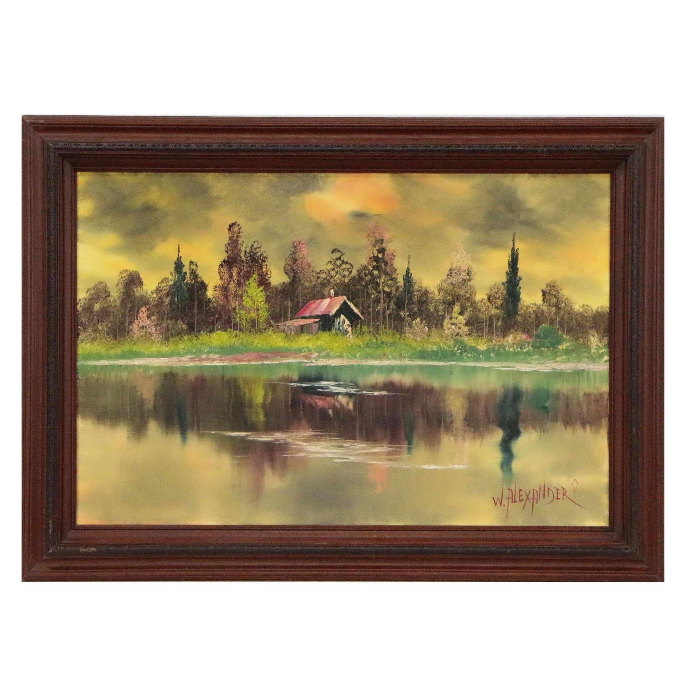 Bill Alexander Oil Painting of Lakeside Cabin, Late 20th Century | EBTH