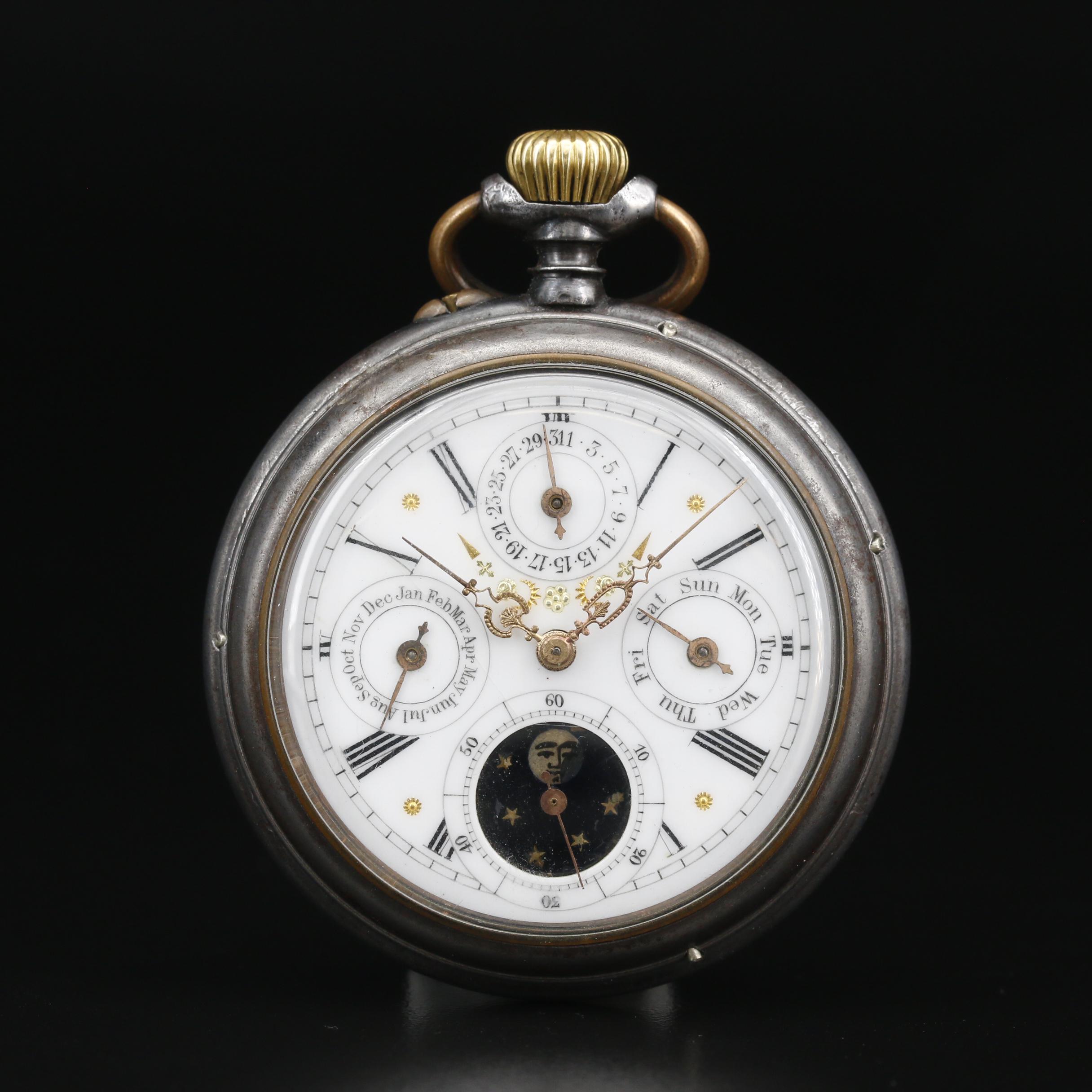 Antique Swiss Triple Calendar Moon Phase Gunmetal Pocket Watch | EBTH