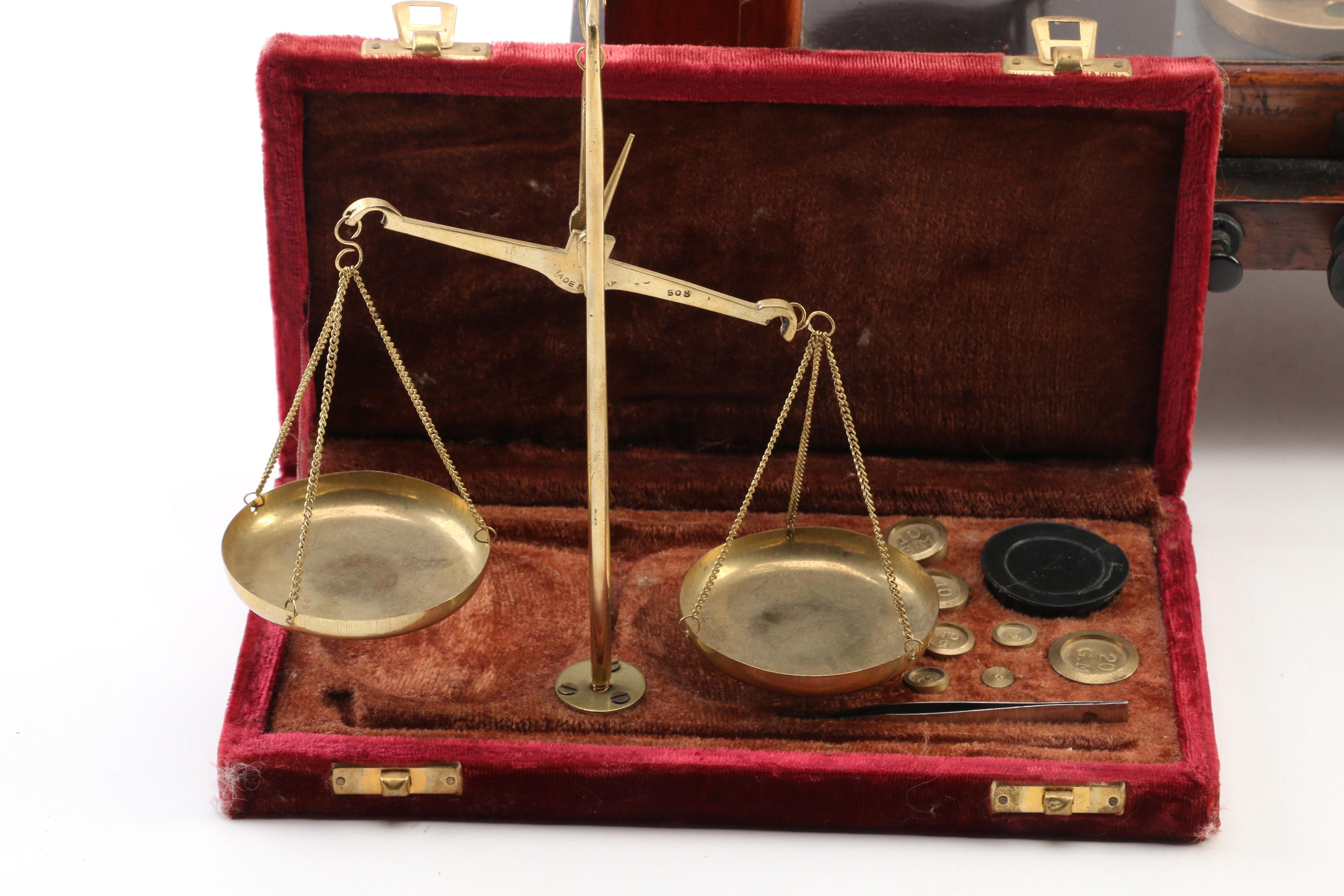 Eimer & Amend Apothecary Balance, Weights in Cabinet, and Brass Balance ...