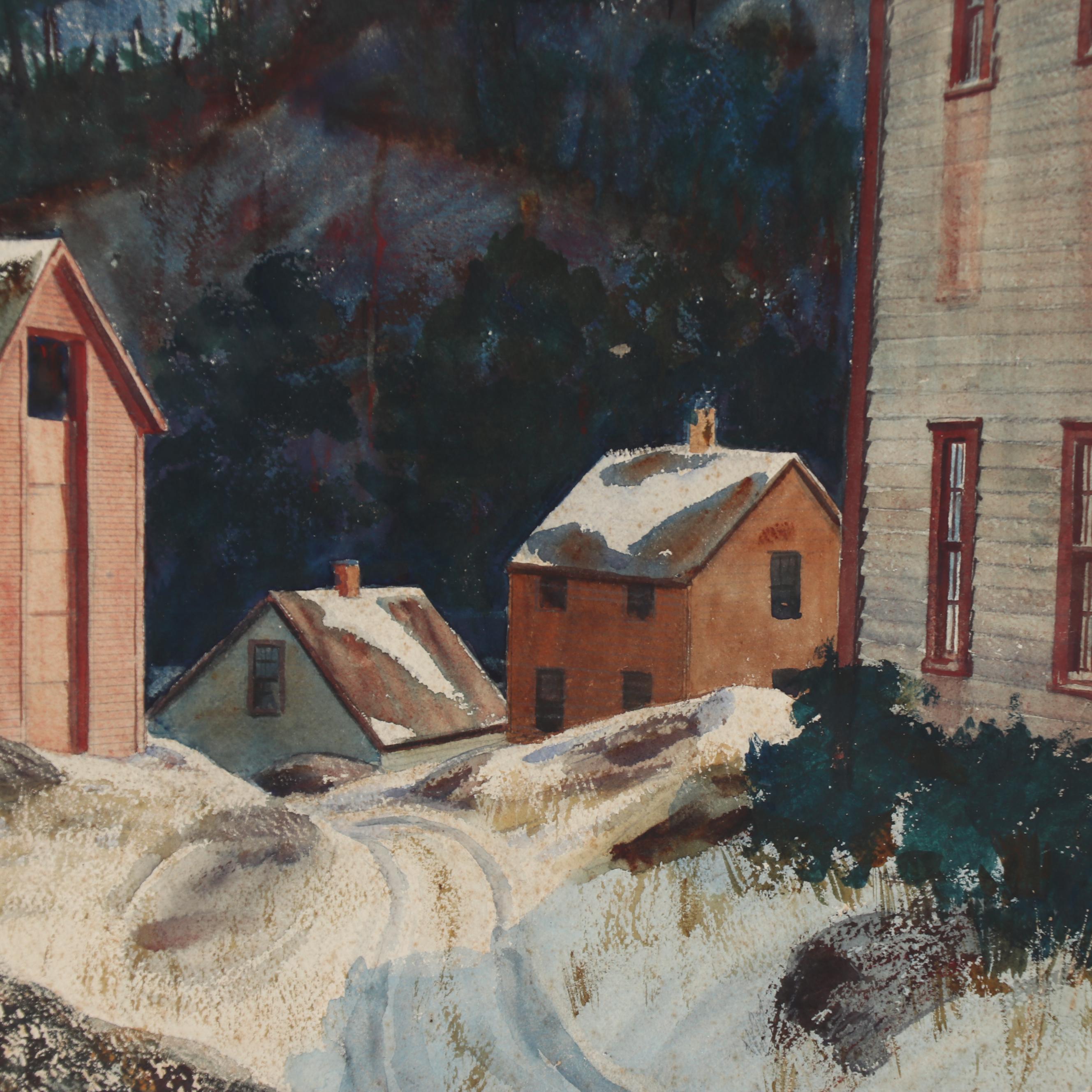Watercolor Painting Attributed to Harry Emil Olsen of Winter Village ...