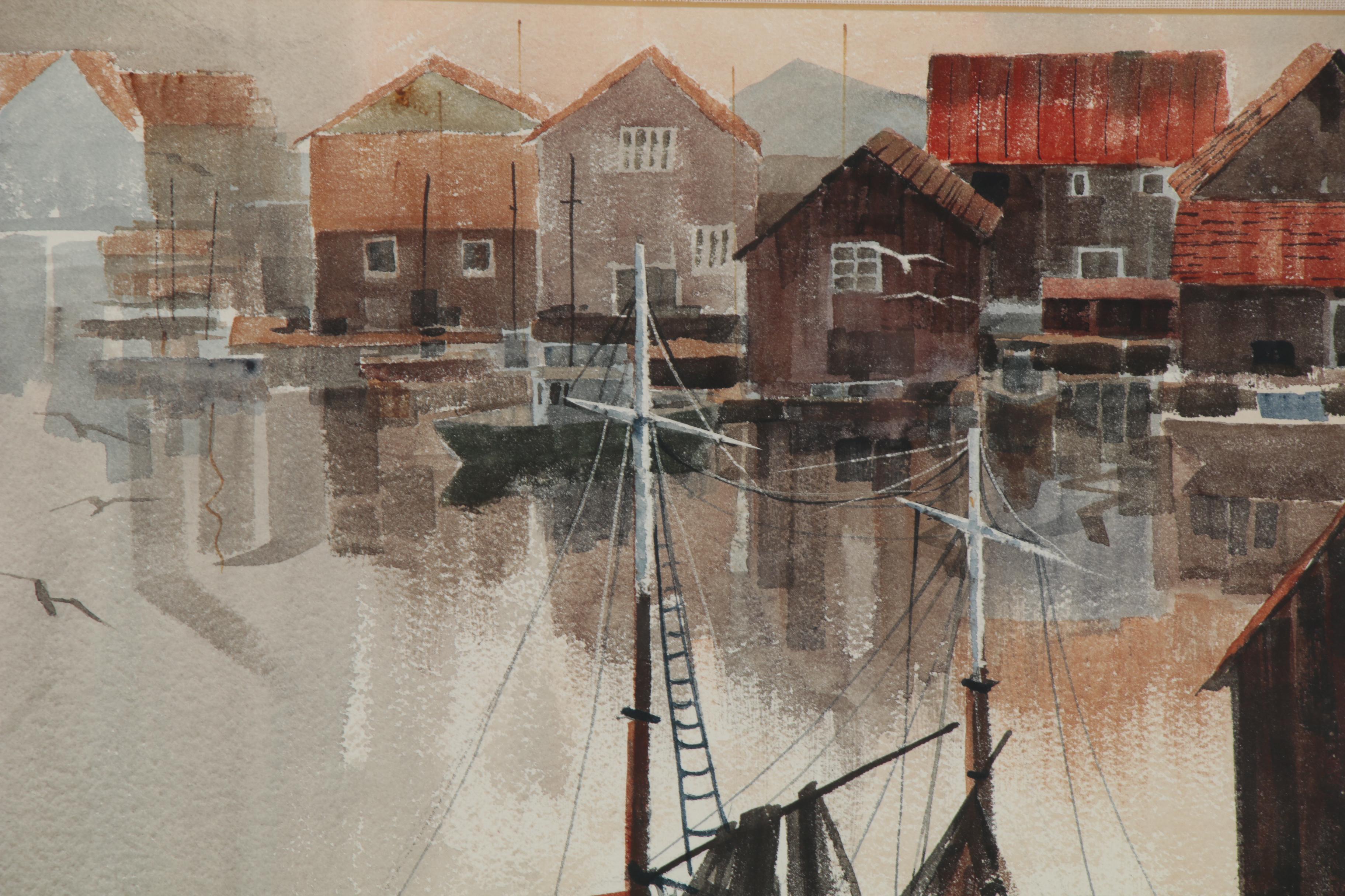 Attributed to Arne Lindmark Watercolor Painting of Harbor Scene, 1964 ...