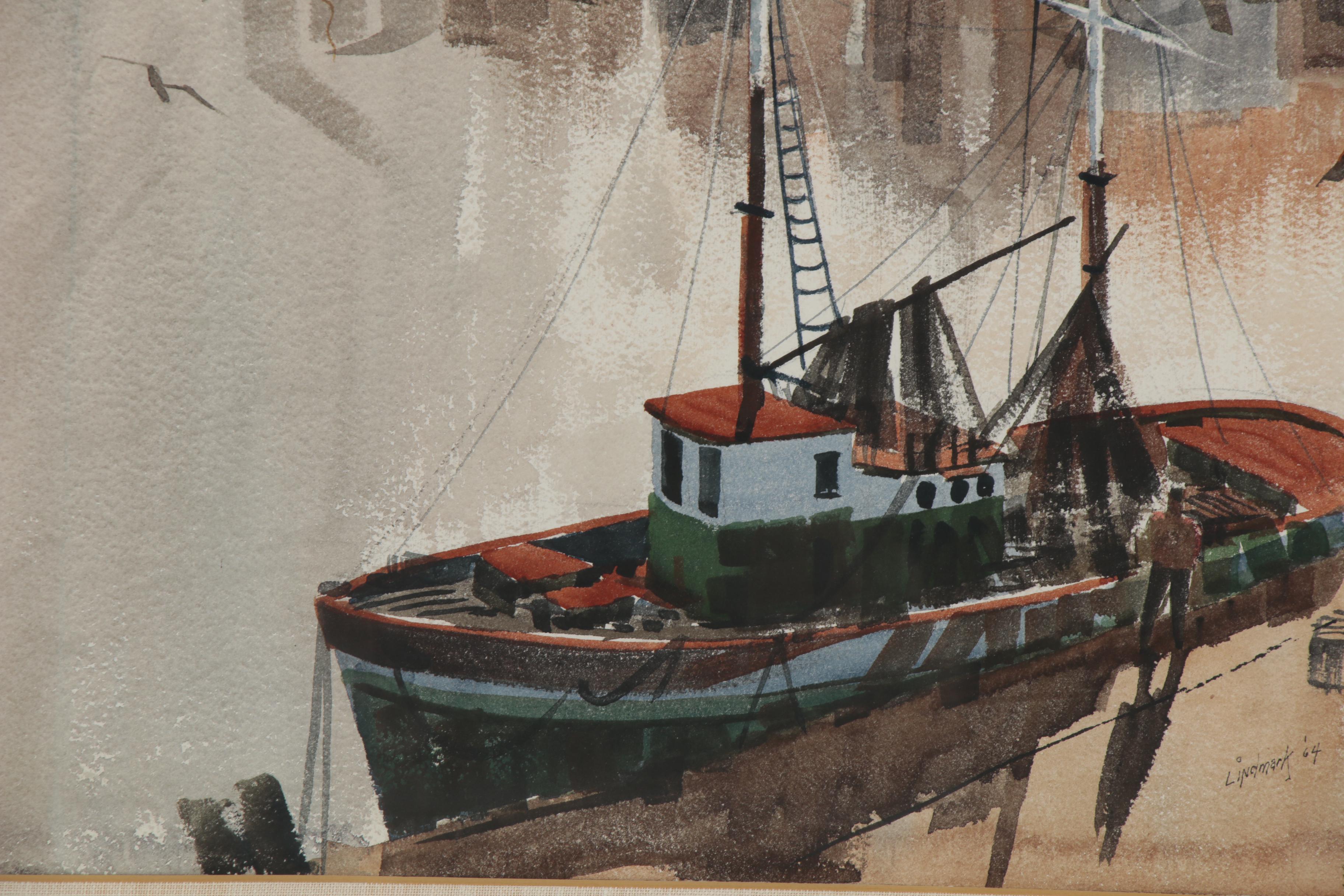 Attributed to Arne Lindmark Watercolor Painting of Harbor Scene, 1964 ...