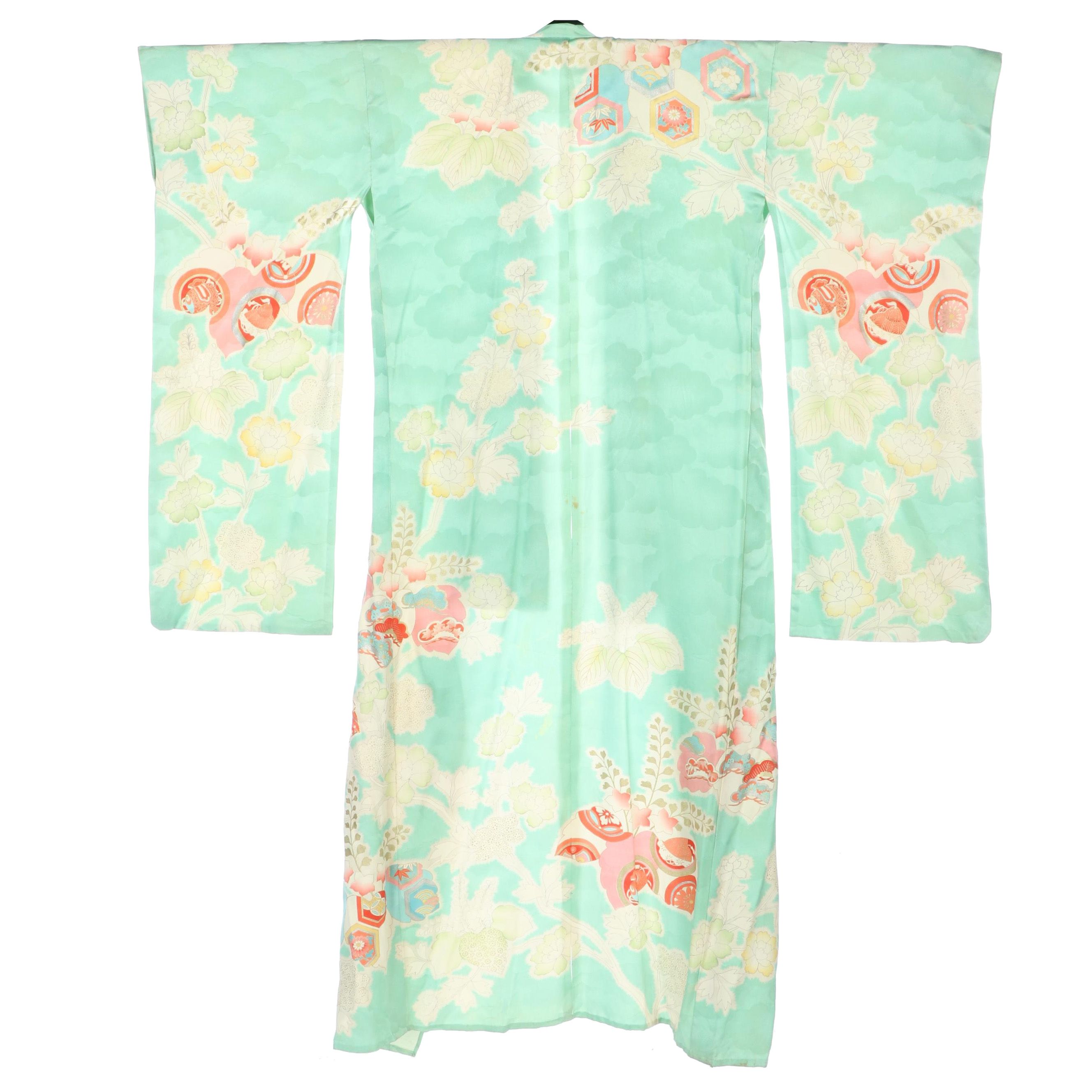 Kumo and Floral Mint Green Silk Furisode Kimono | EBTH