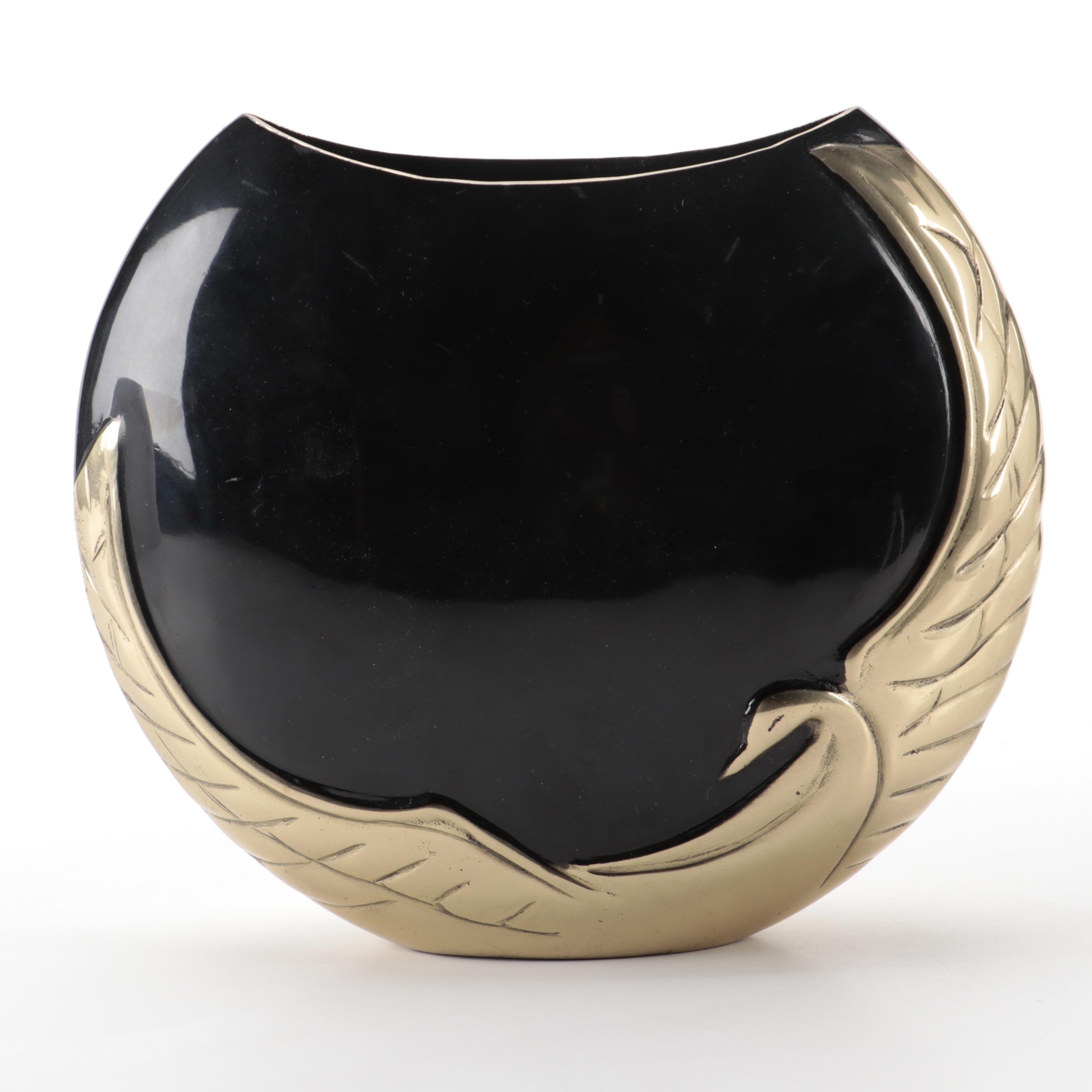 Art Deco Style Black Enameled Disc Form Vase with Brass Swan Overlay | EBTH