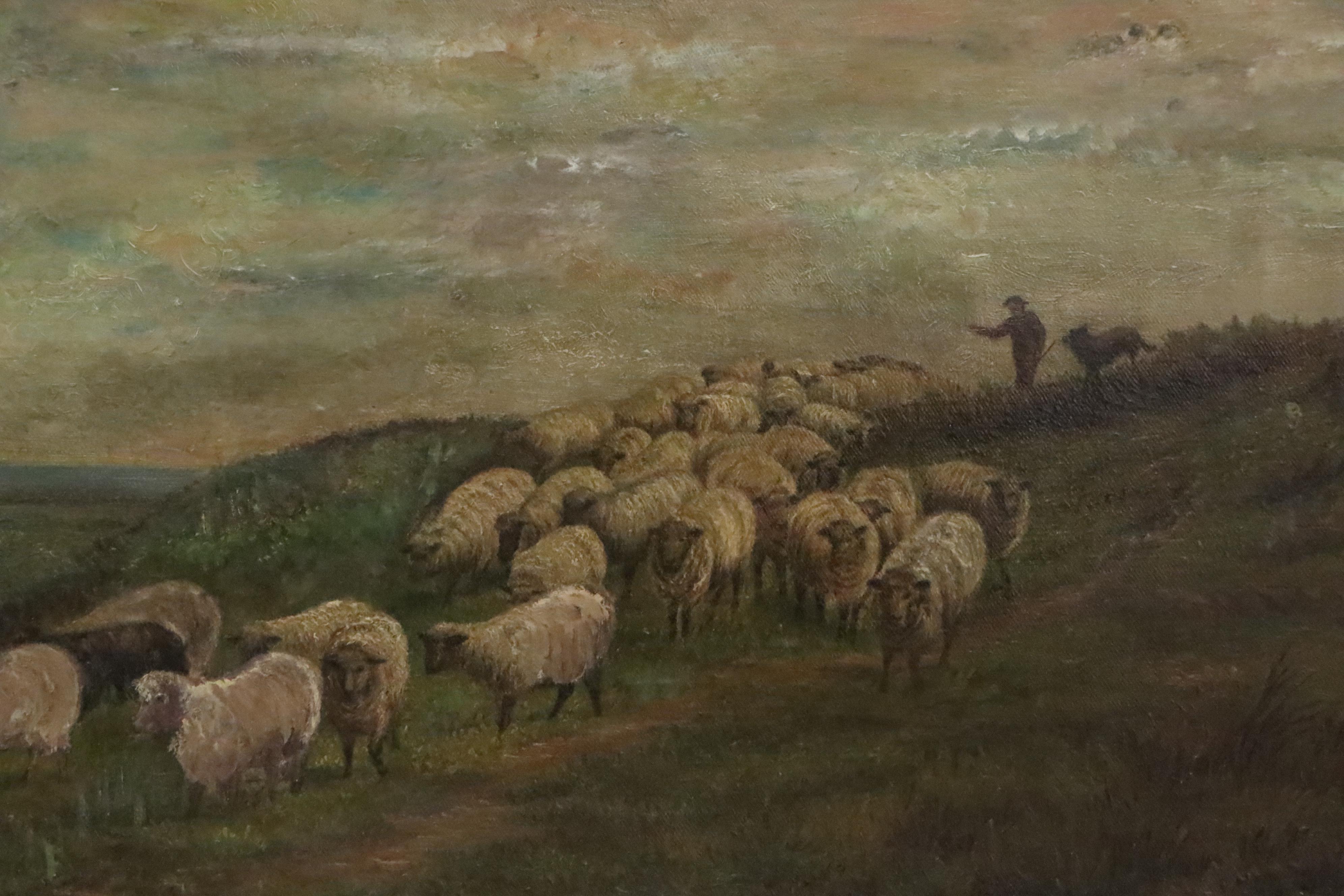 Oil Painting Of Sheep Herding Late 19th Century Ebth