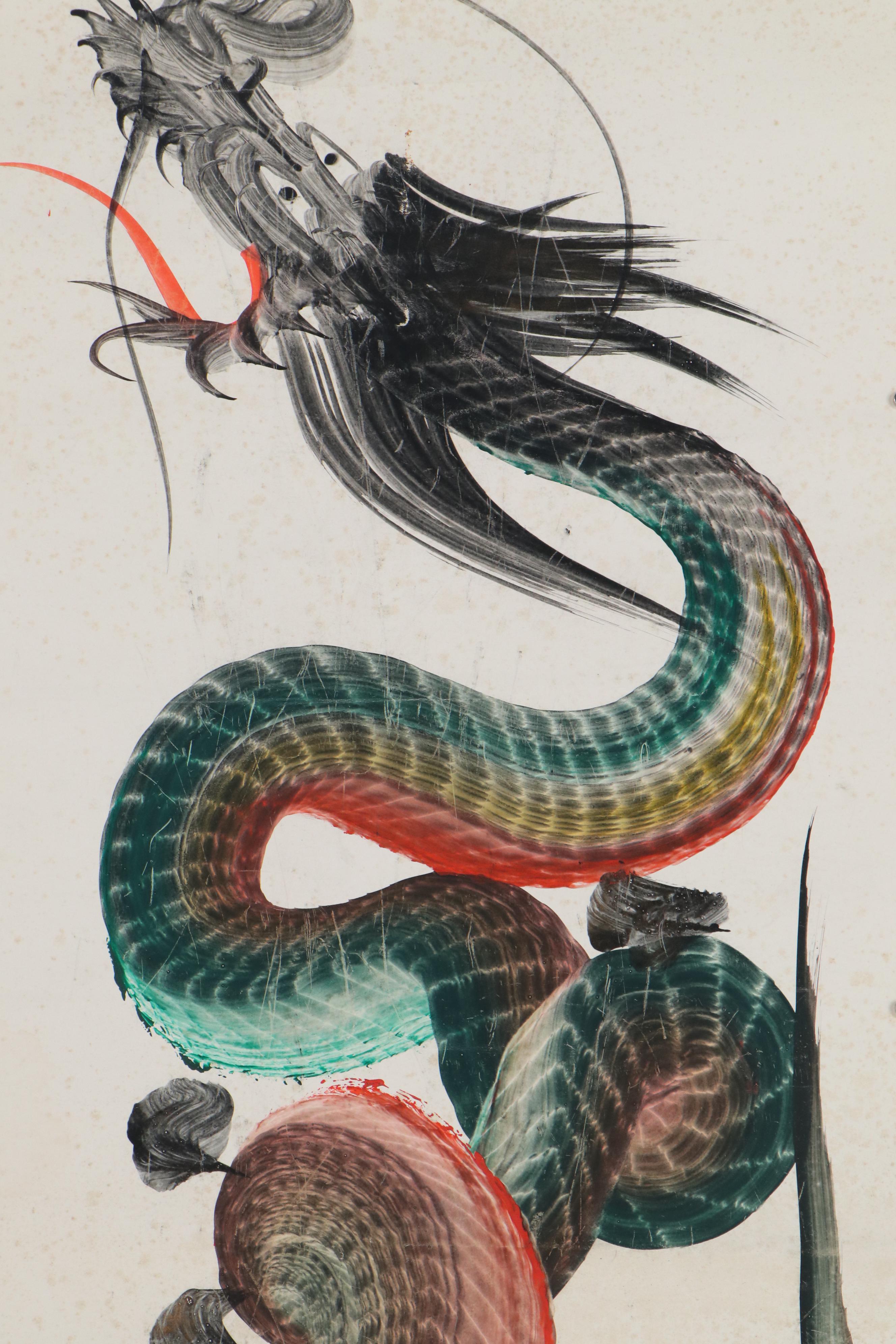 Japanese "Hitofude Ryuu" One-Stroke Ink Painted Dragons, 20th Century ...
