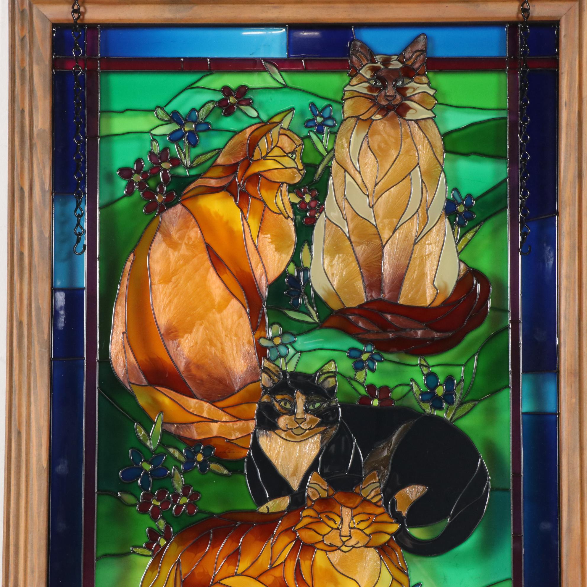 Cats in a Field Stained Glass Hanging Window Panel | EBTH