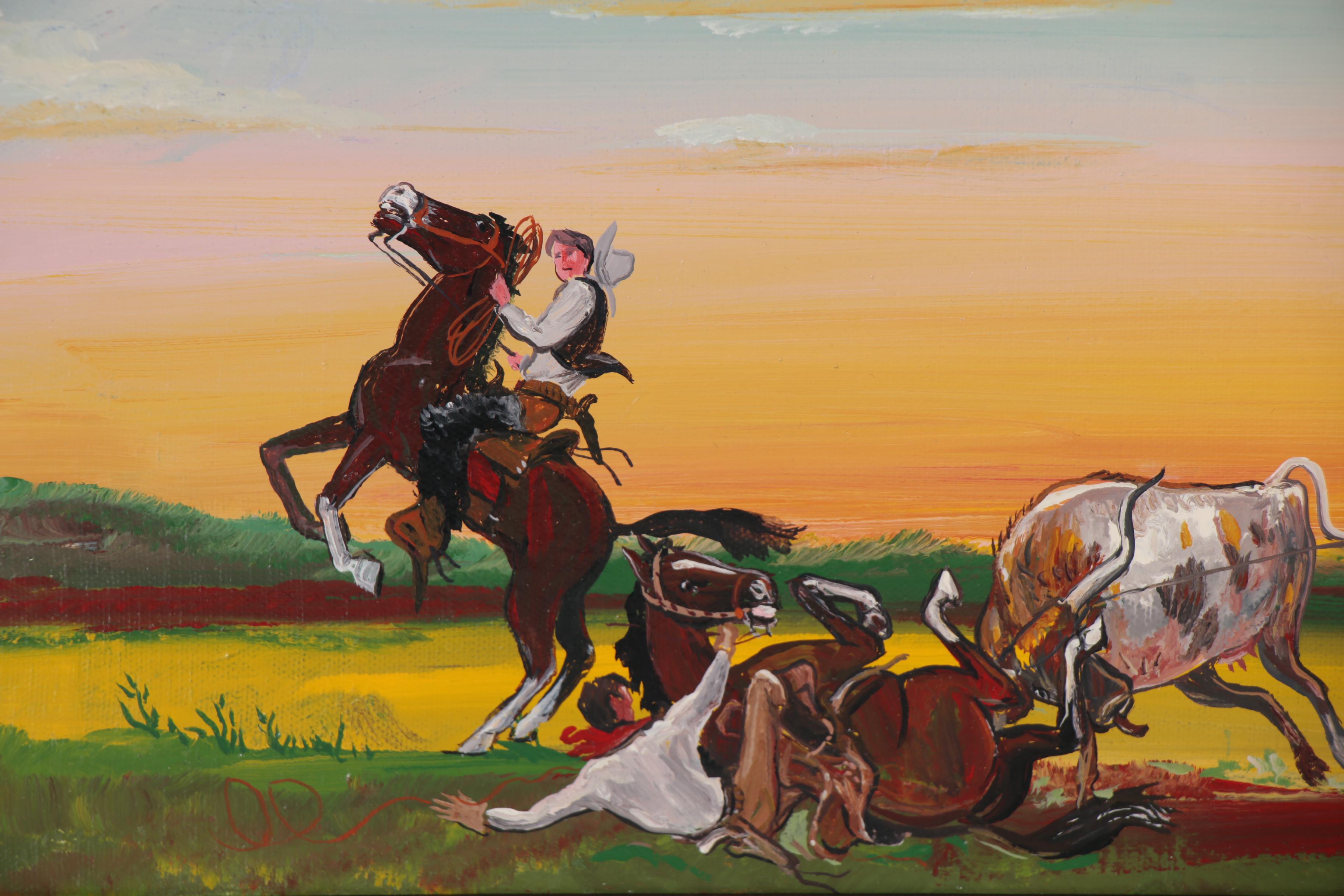 Edward Larson Oil Painting of Cowboy Roundup, 1992 | EBTH